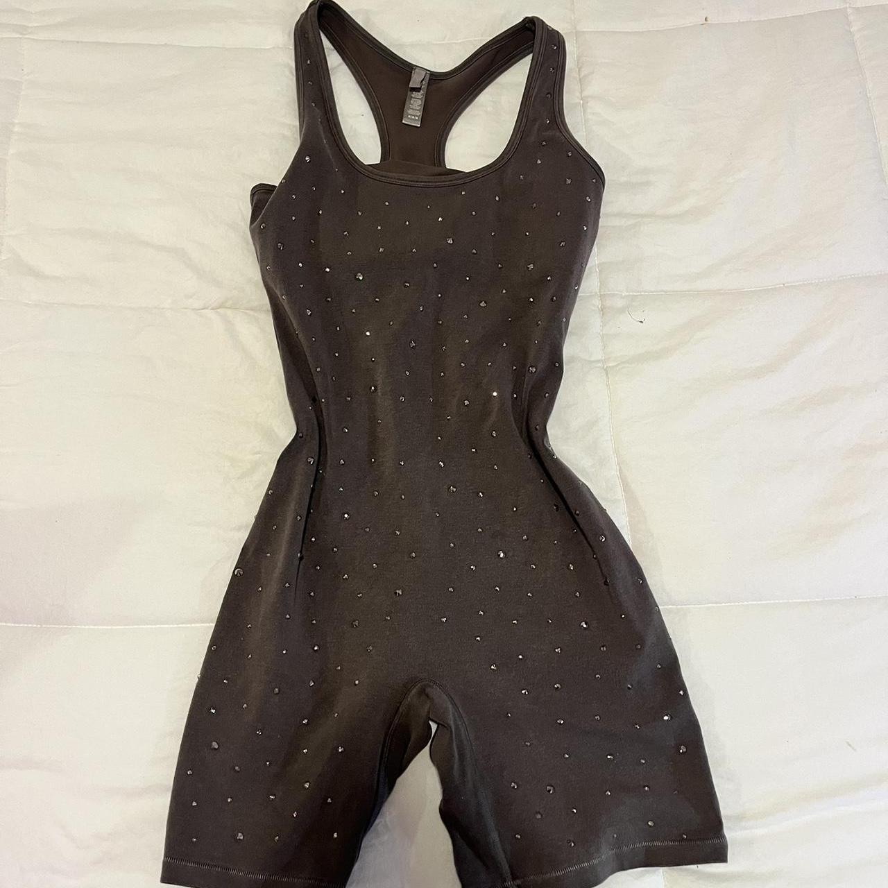 SKIMS grey rhinestone romper worn once size medium - Depop