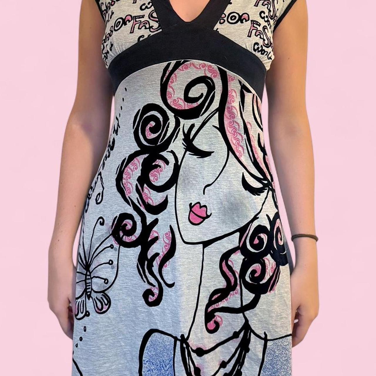 kashitu graphic print mini dress. soft gray stretch... | Depop