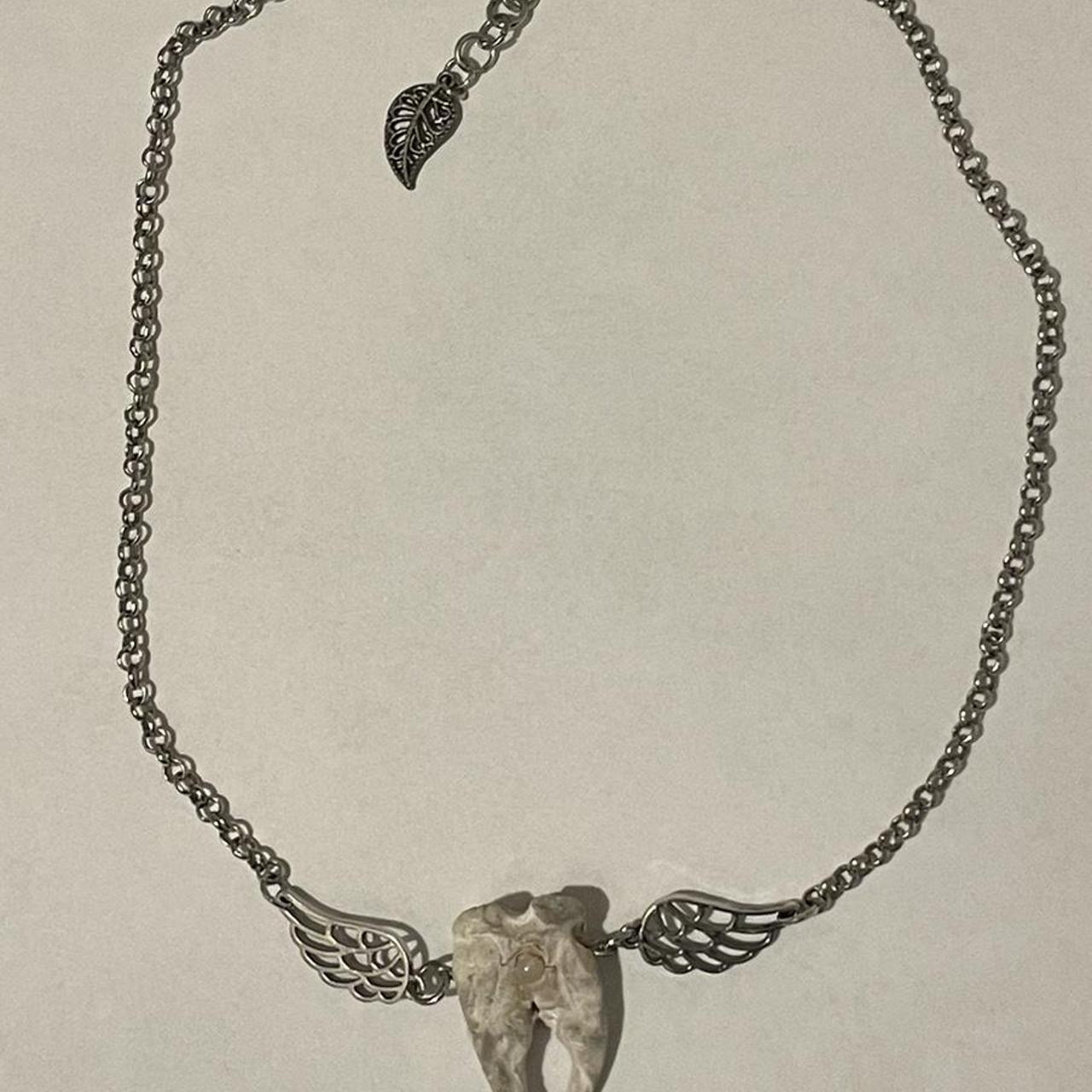 clay angel wing tooth pendant chain necklace with... - Depop