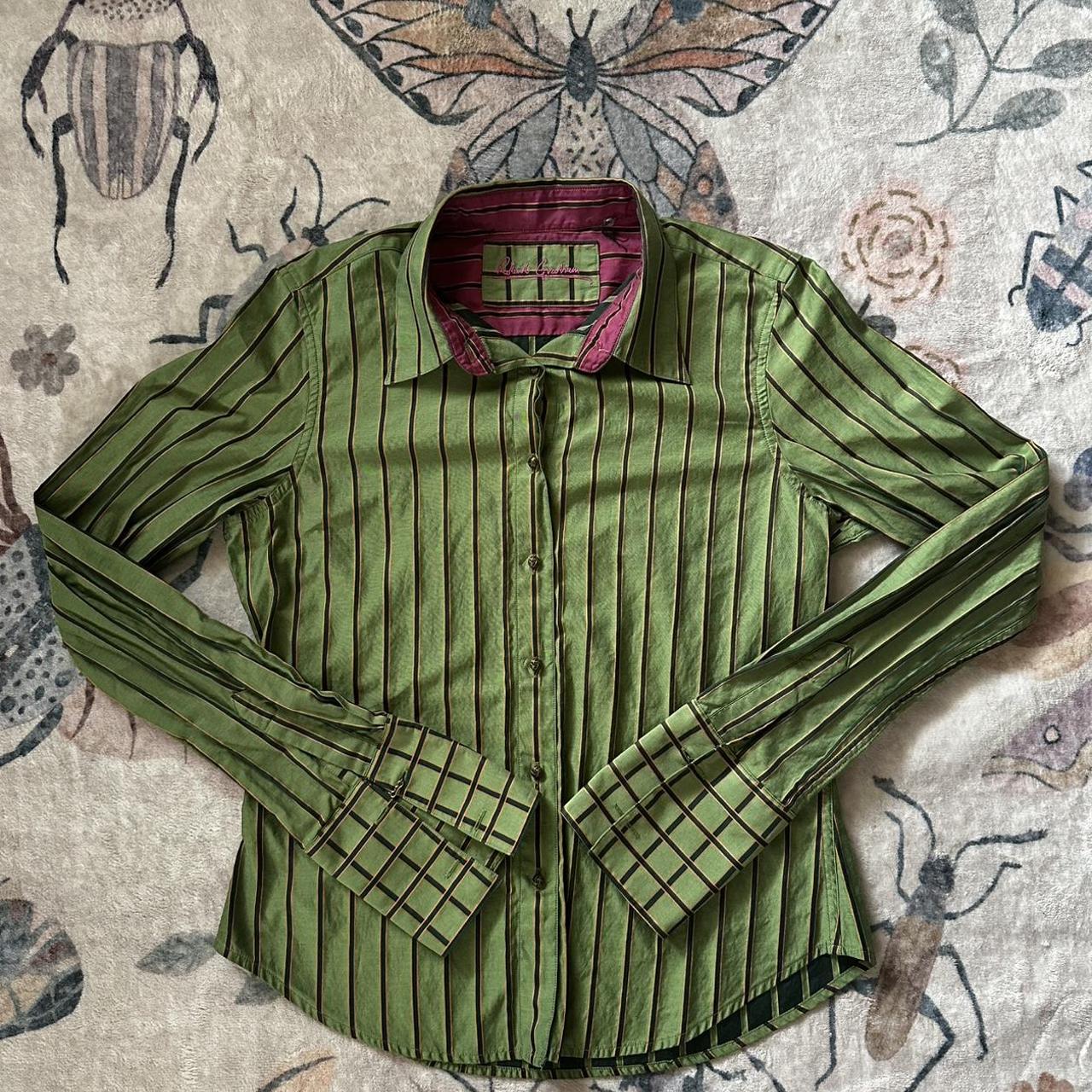 Robert Graham green striped indie grunge button up... | Depop