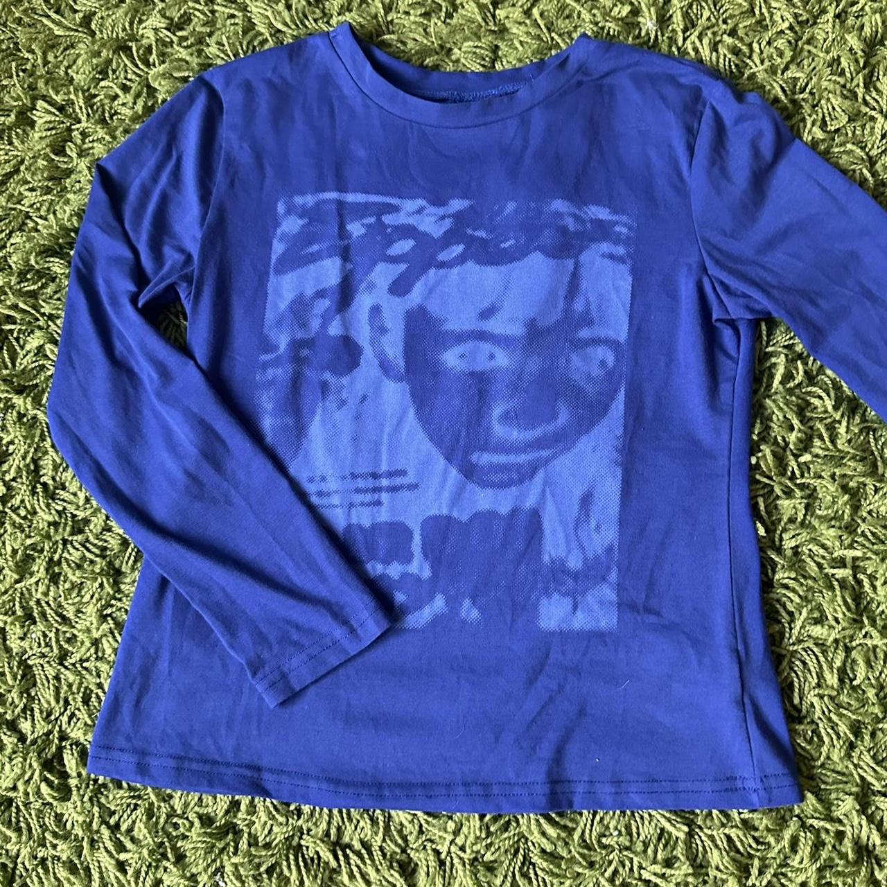 2000s cybercore blue and navy long sleeve shirt with... - Depop