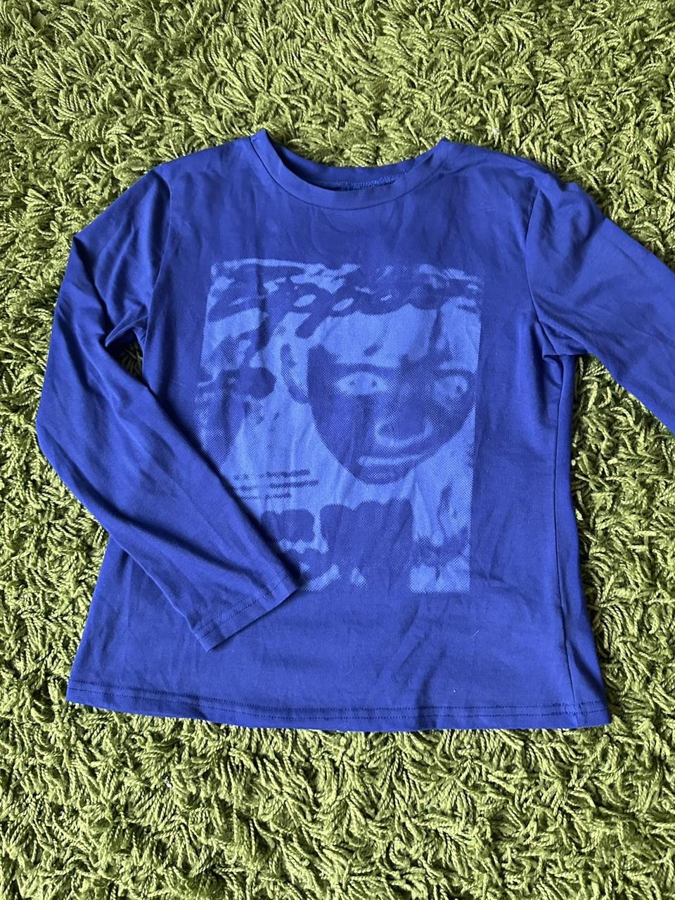 2000s cybercore blue and navy long sleeve shirt with... - Depop