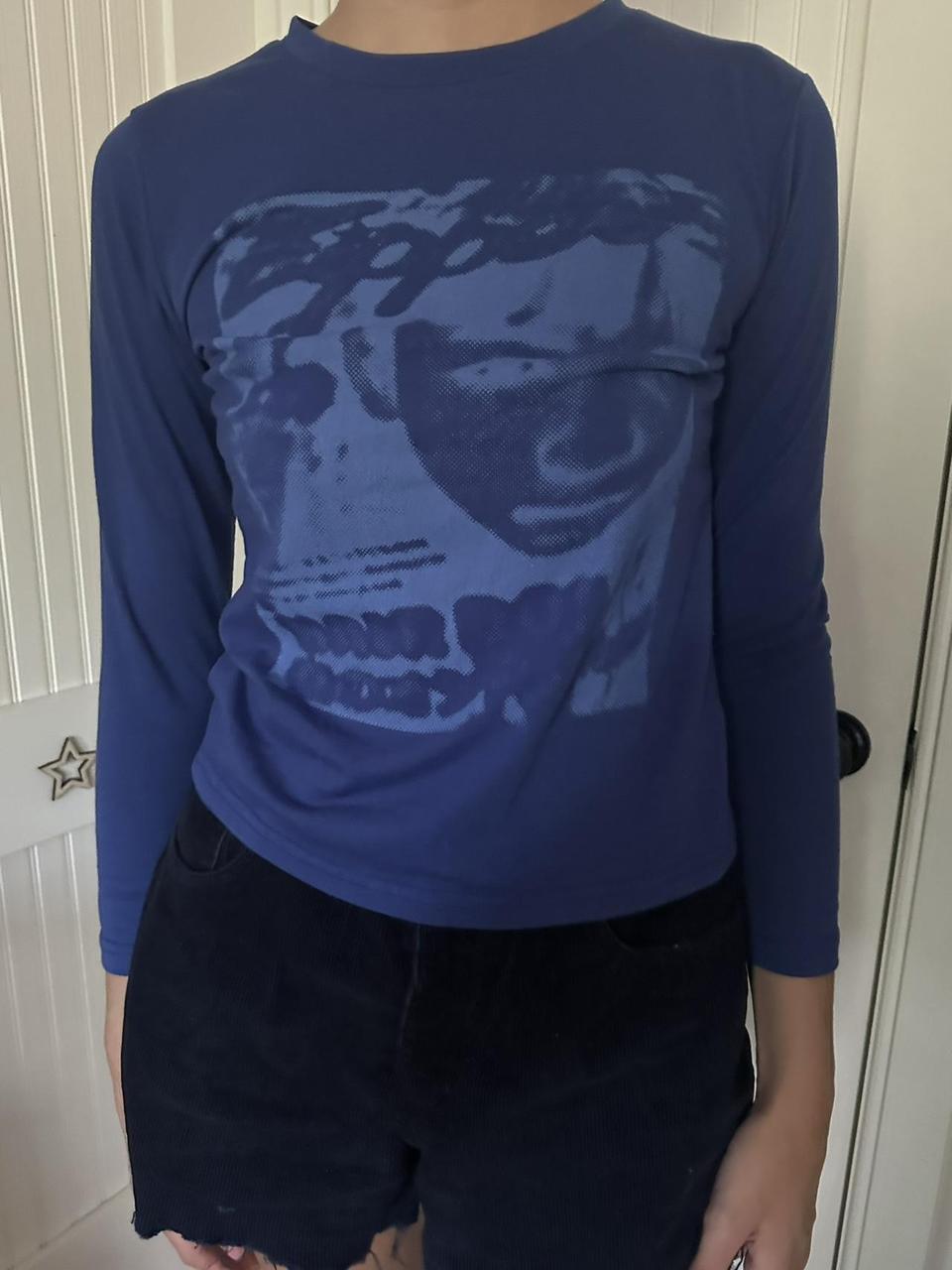 2000s cybercore blue and navy long sleeve shirt with... - Depop