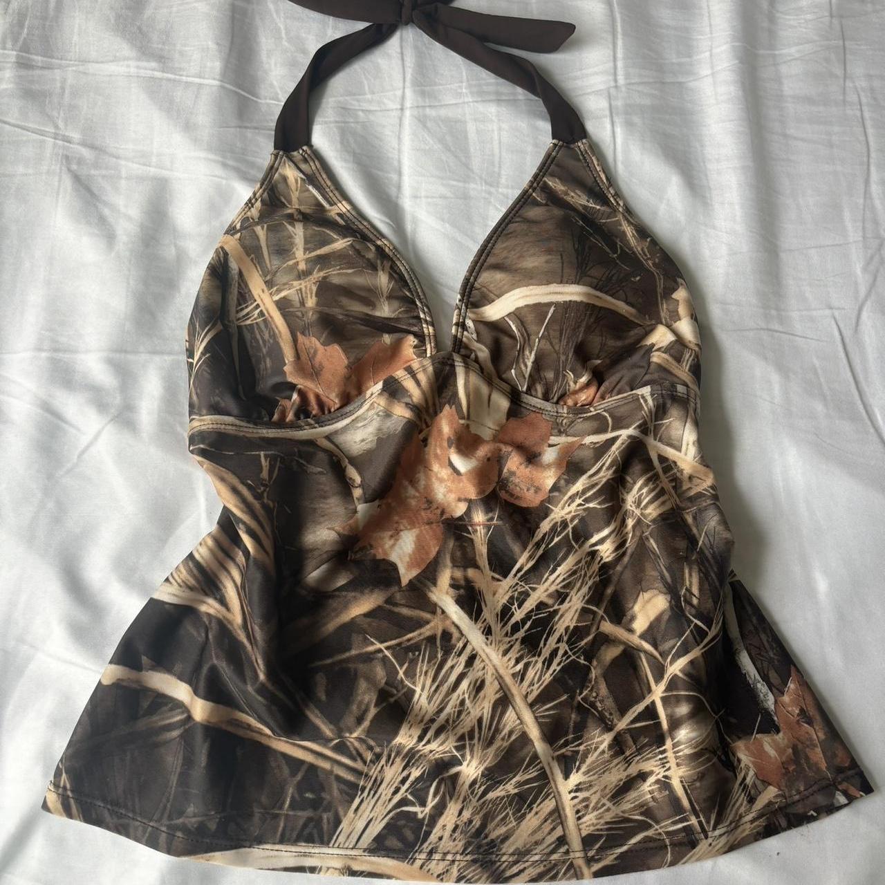 🟤💛 vintage brown and tan camo tankini top with... | Depop