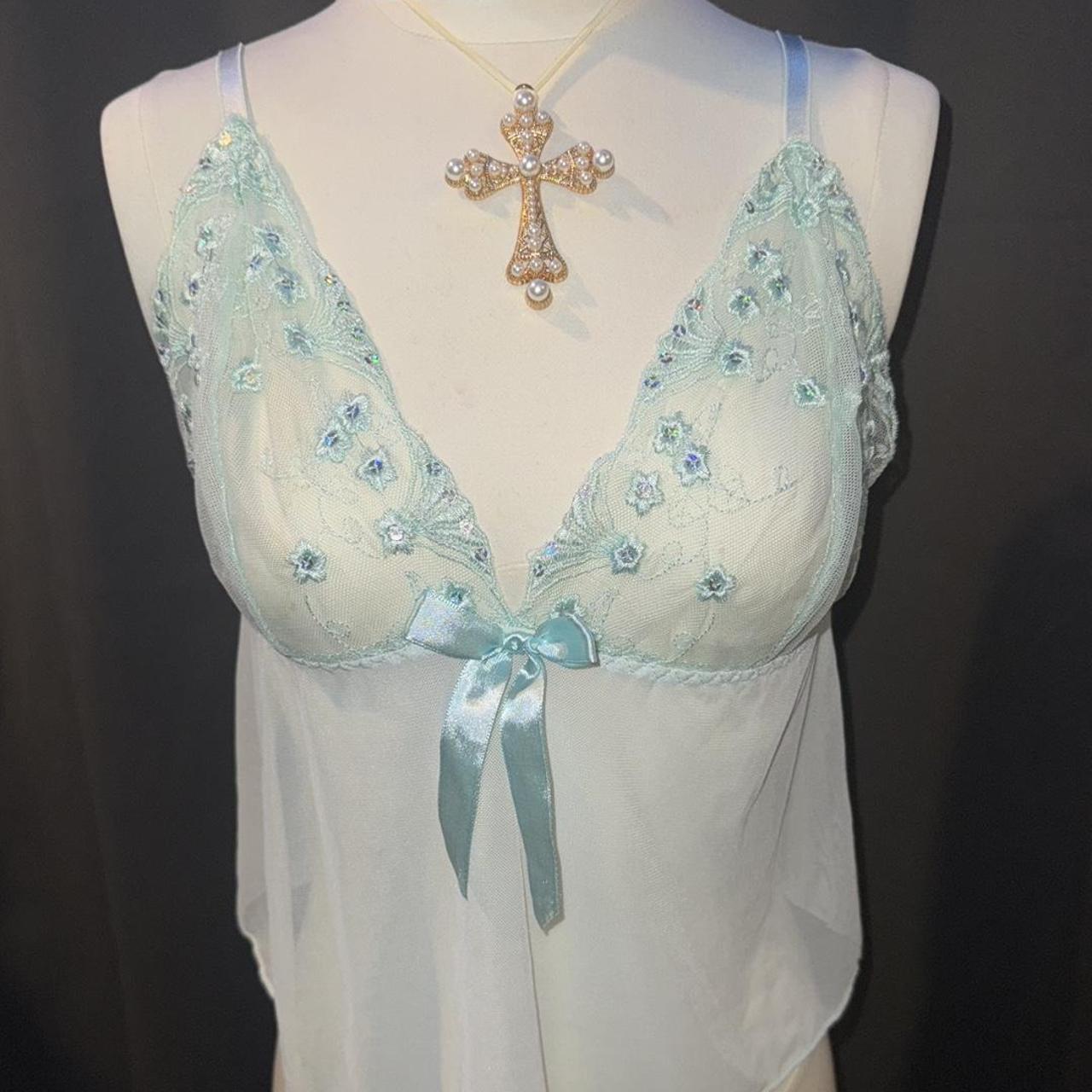 Blue turquoise lace cami top with blue ribbon and... | Depop