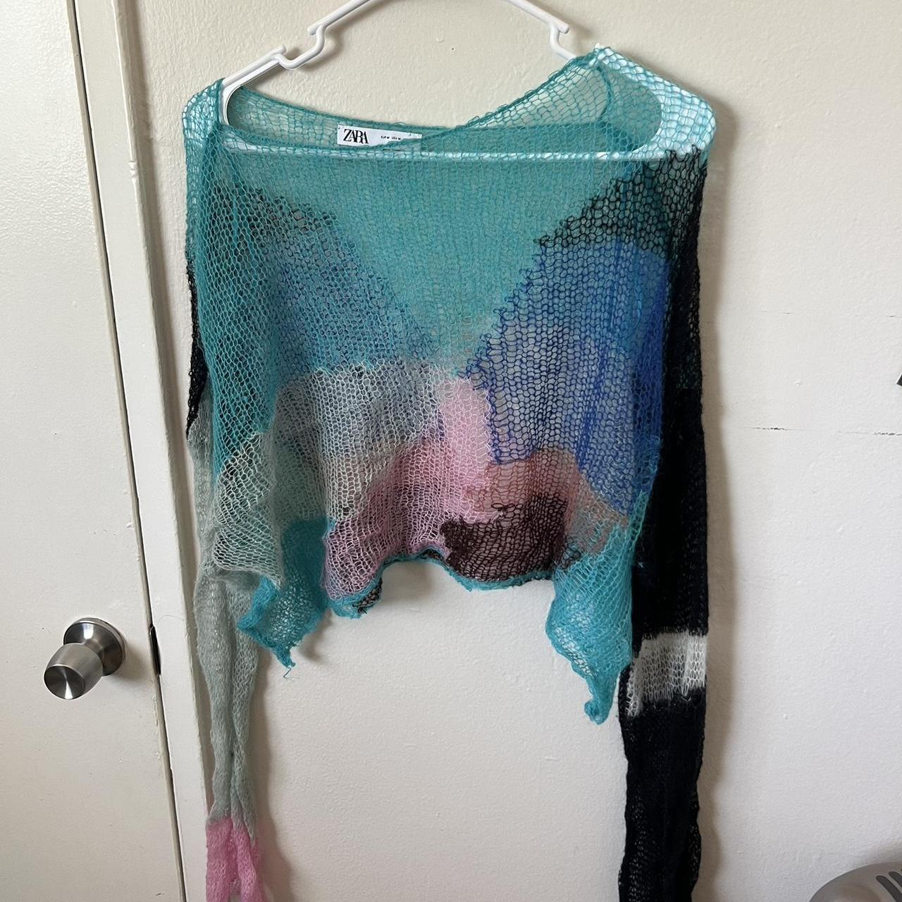zara 2000s blue and pink mesh knit top - Depop