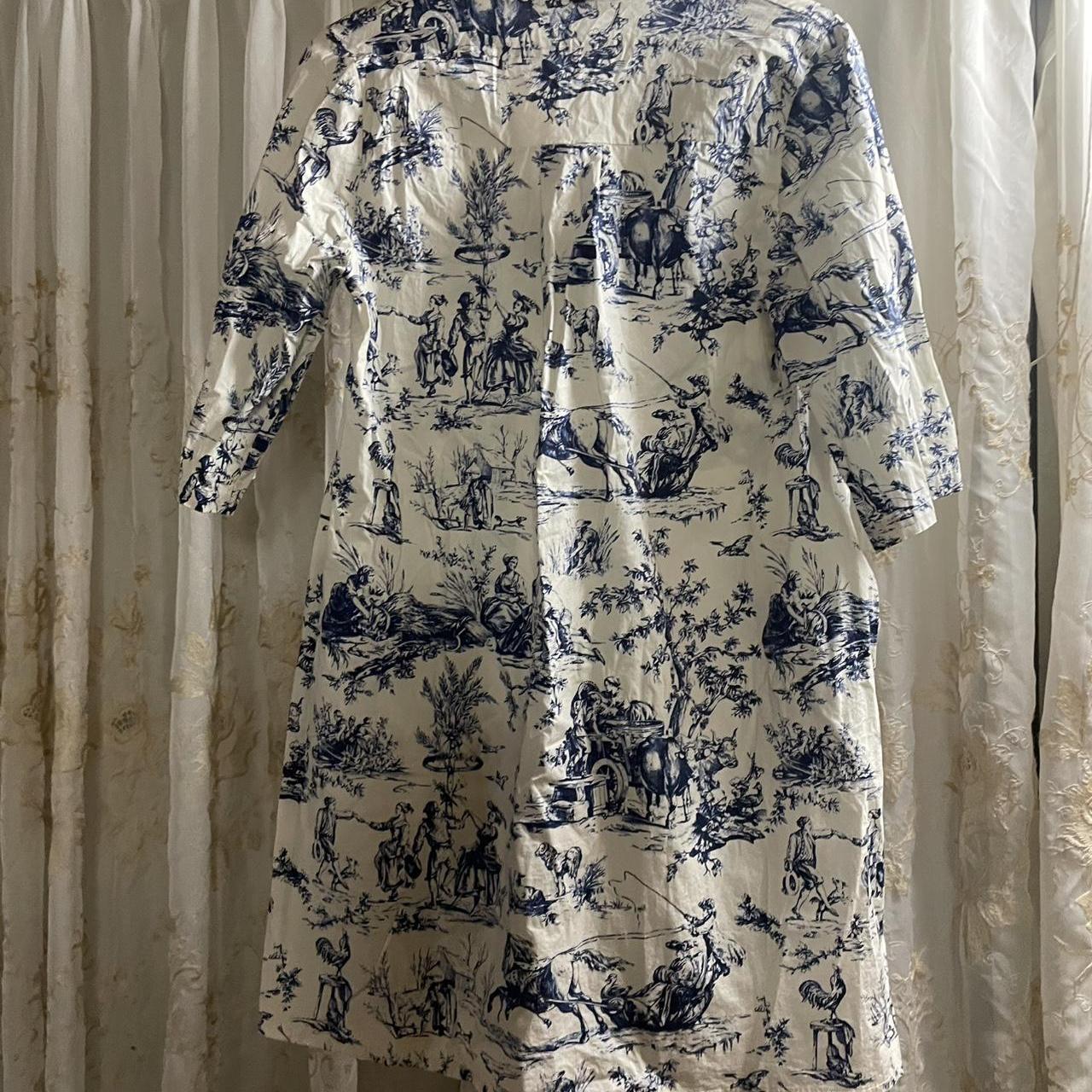 White and blue toile print shirt dress with a boho... | Depop