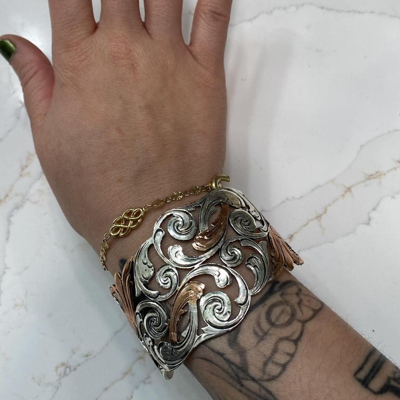 Steel and copper filigree cuff bangle bracelet with... | Depop