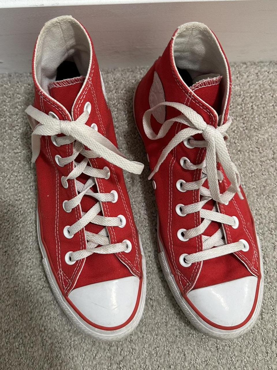 Custom red and white high top converse women’s size... - Depop