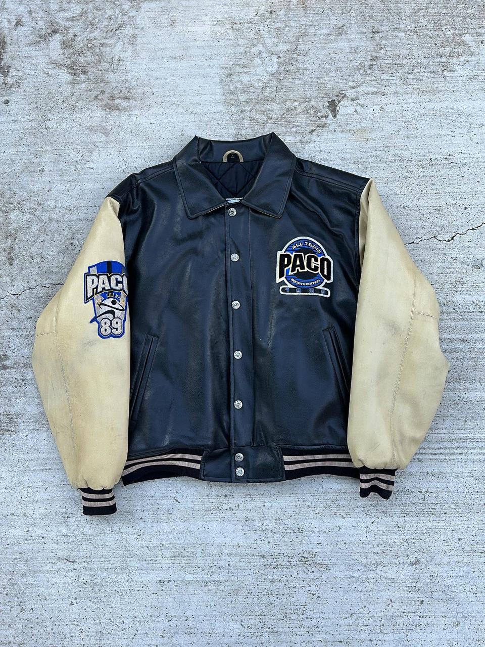 insanely rare paco sport y2k leather varsity... - Depop