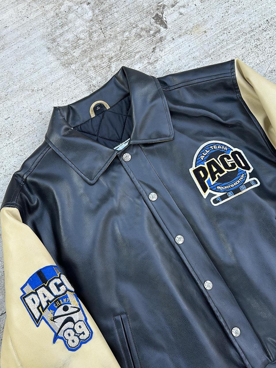 insanely rare paco sport y2k leather varsity... - Depop