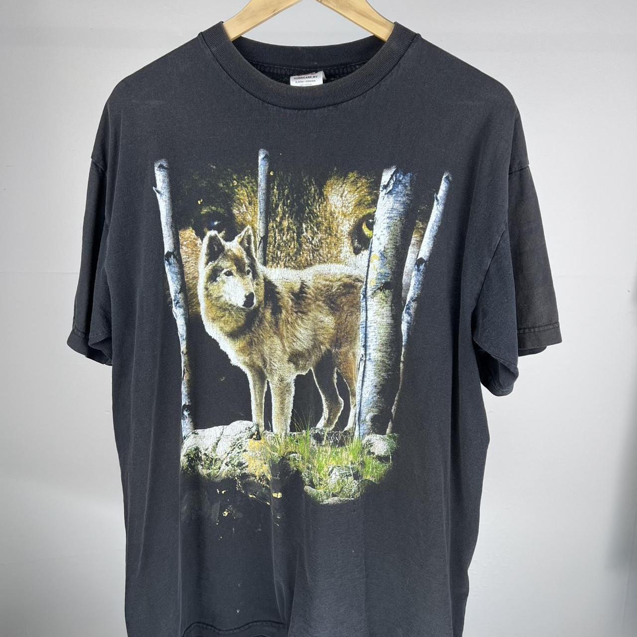 Black vintage 90s wolf graphic tee paint stained and... | Depop