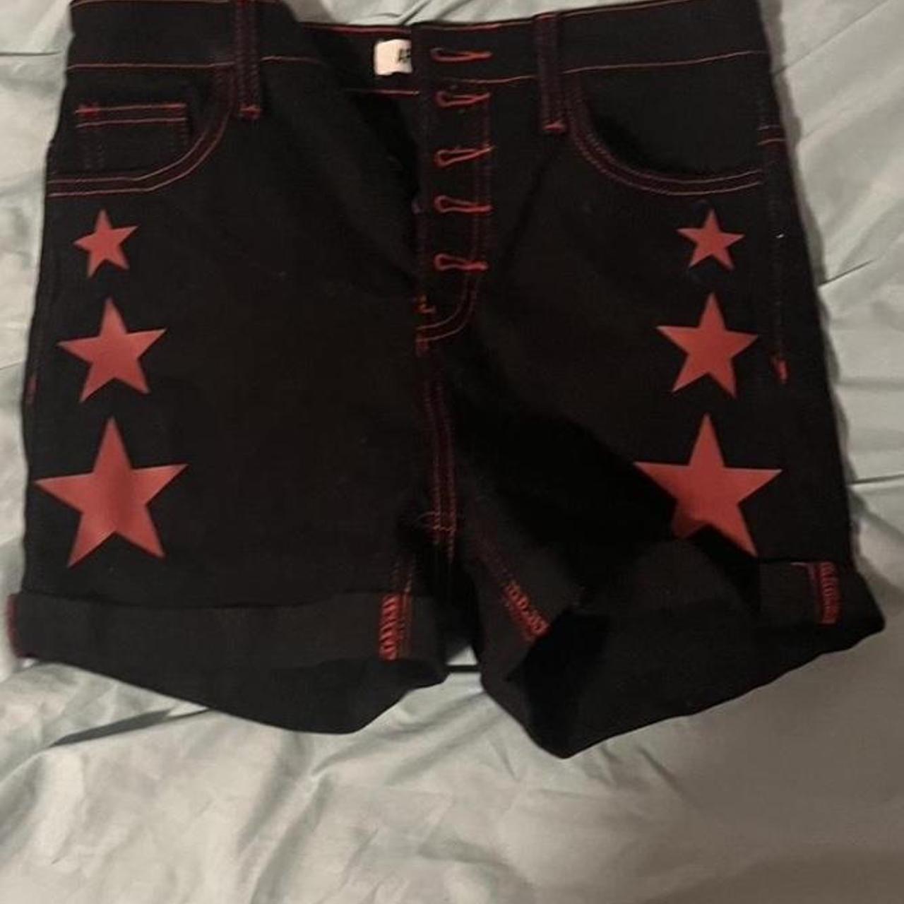 hot topic black and red star shorts size 7 only worn... - Depop