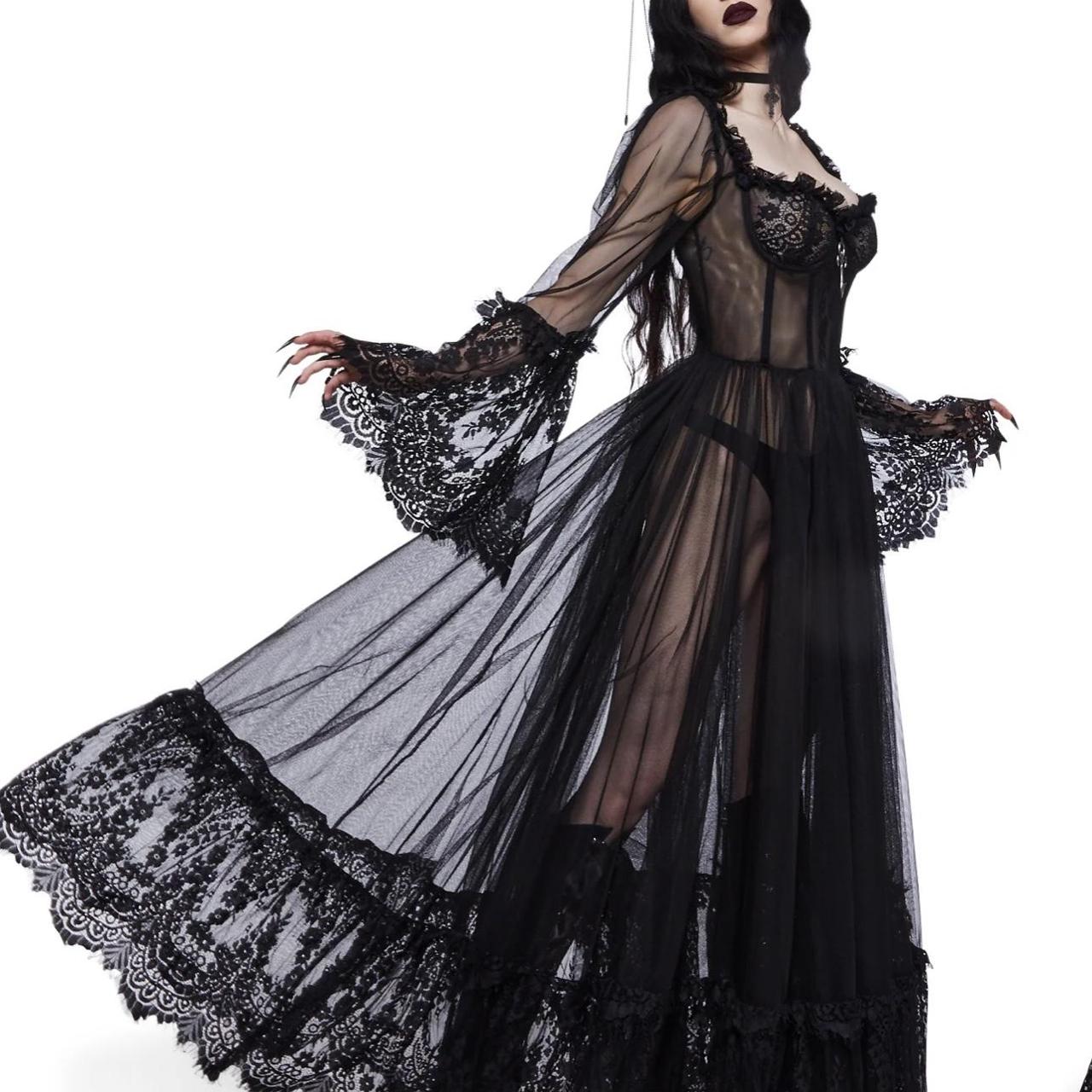 Dollskill Black gothic maxi dress with sheer lace... | Depop