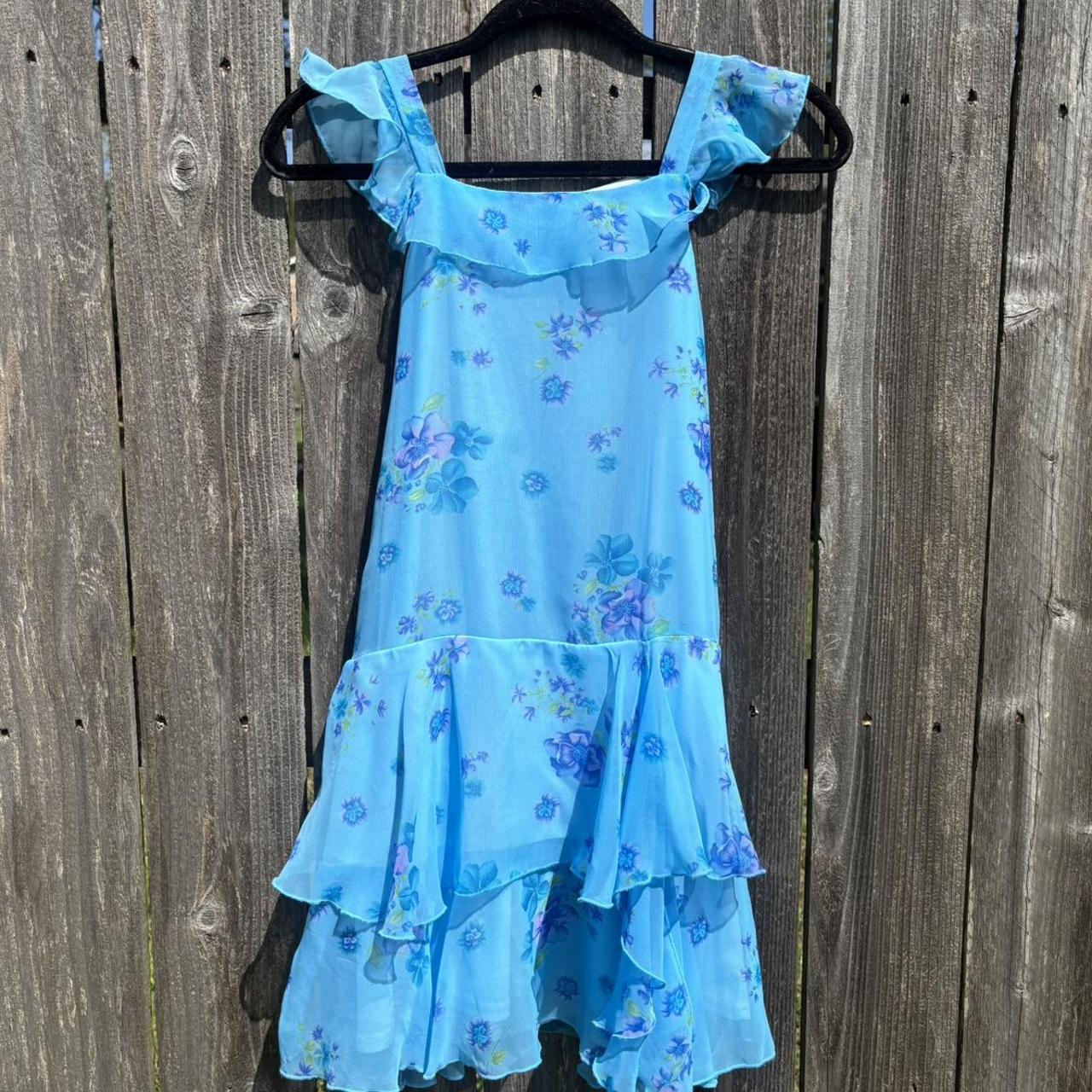 Vintage Blue floral ruffle dress with tie in the... | Depop