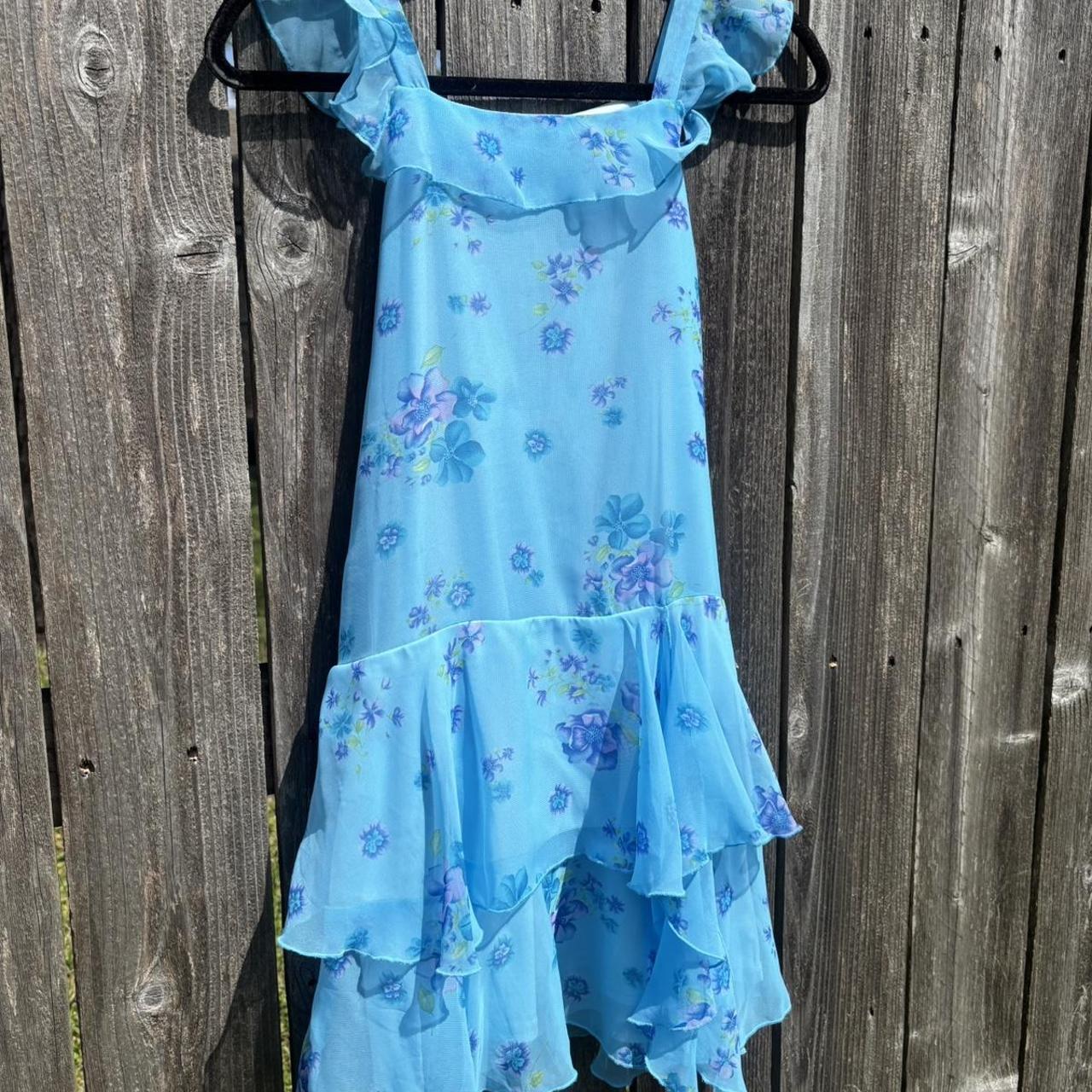 Vintage Blue floral ruffle dress with tie in the... | Depop