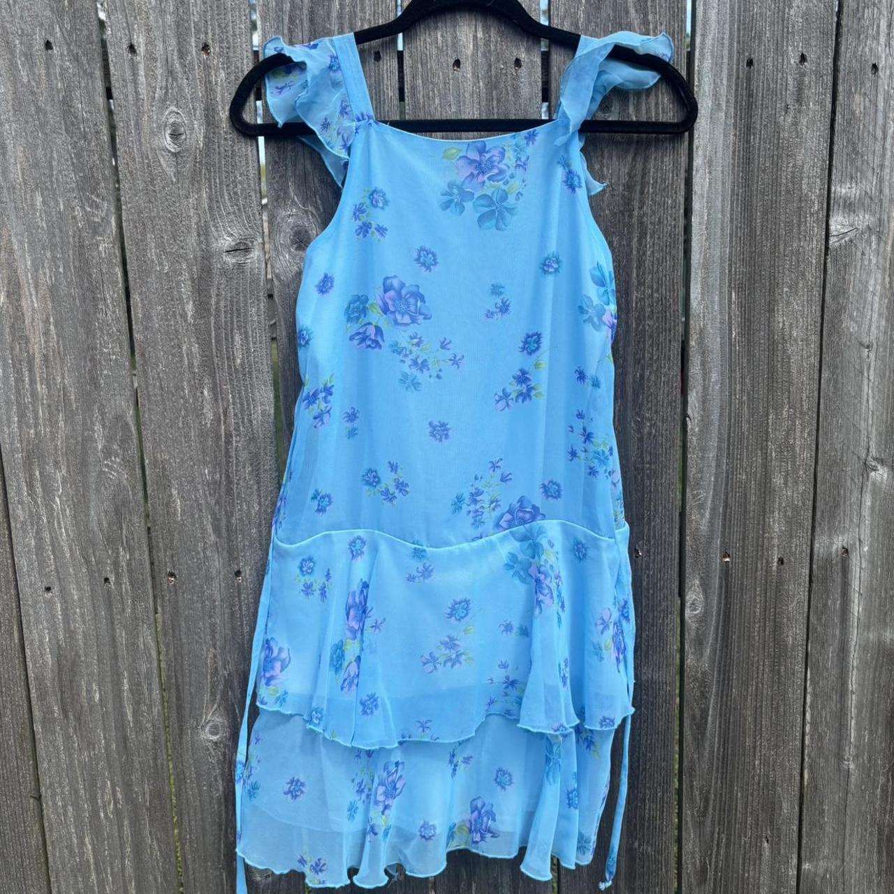 Vintage Blue floral ruffle dress with tie in the... | Depop