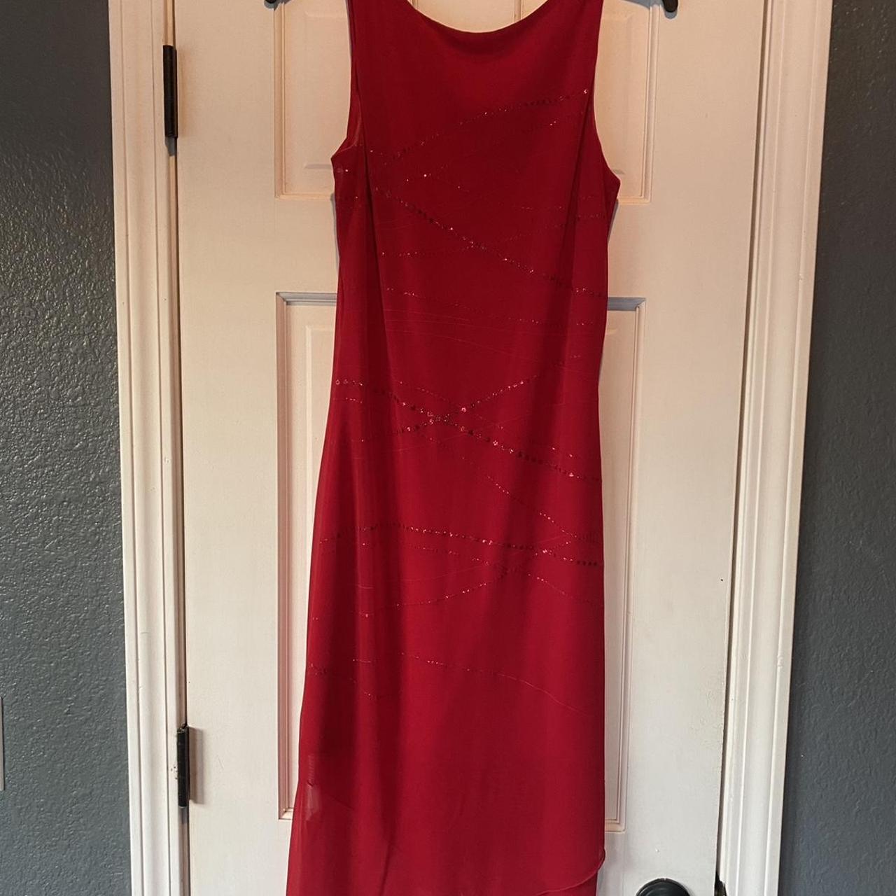 Red Byer Too! midi dress with sequins and sheer... | Depop