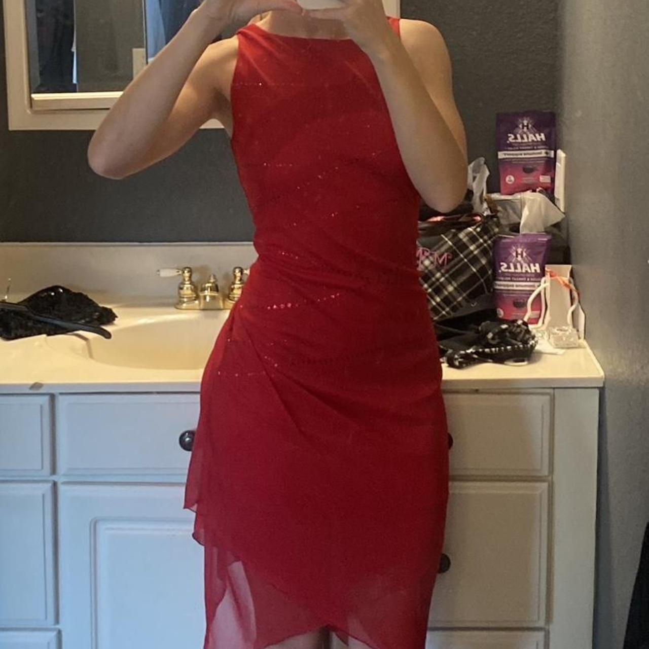 Red Byer Too! midi dress with sequins and sheer... | Depop