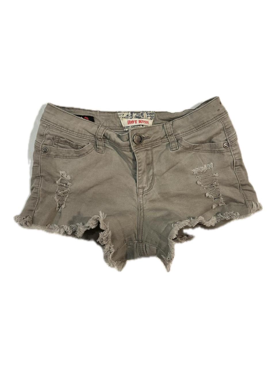 2000s distressed khaki shorts with a low rise fit... - Depop