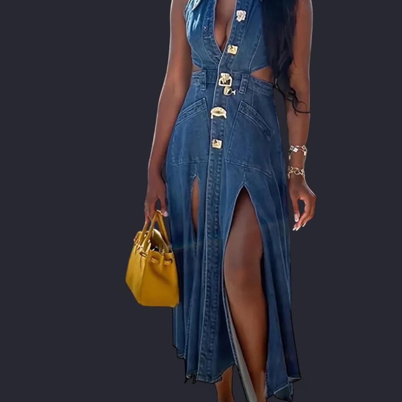 Blue denim maxi dress with gold buttons and high... | Depop