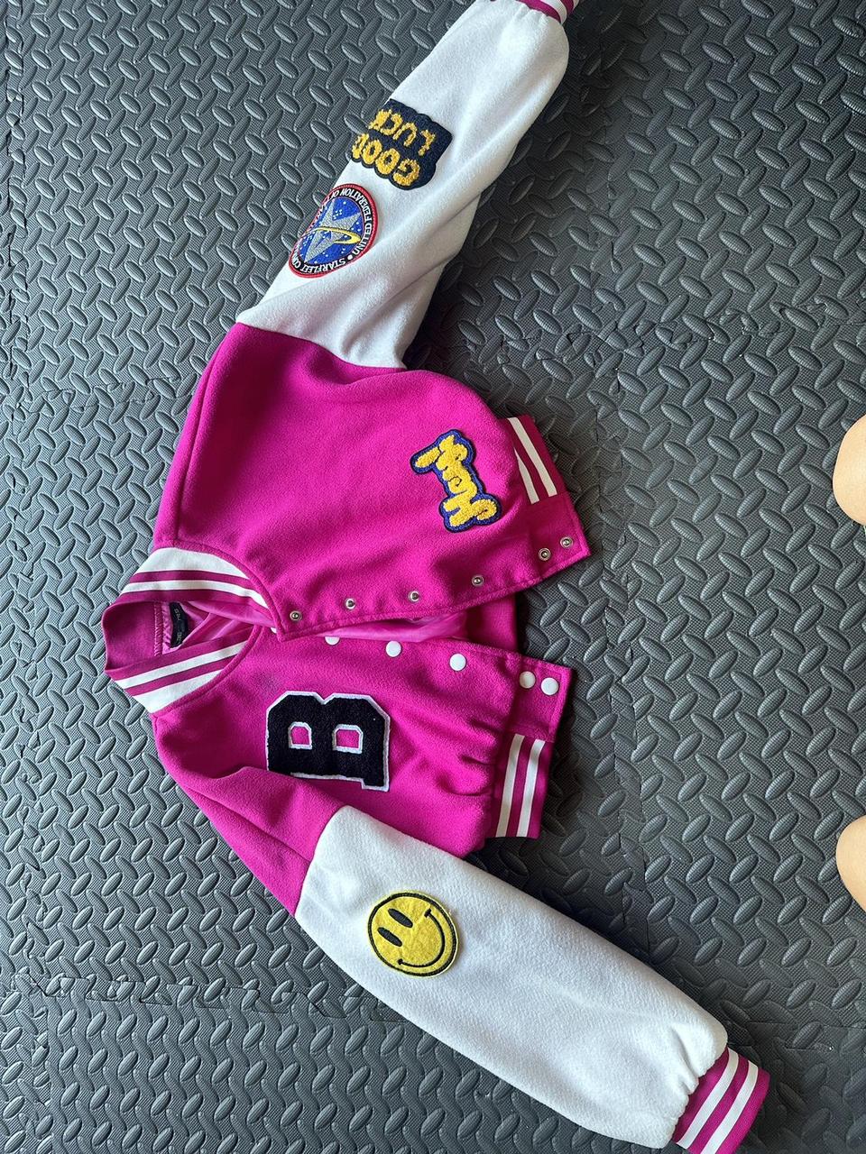 SMALL PINK CROPPED VARSITY JACKET 🤍Great condition... - Depop