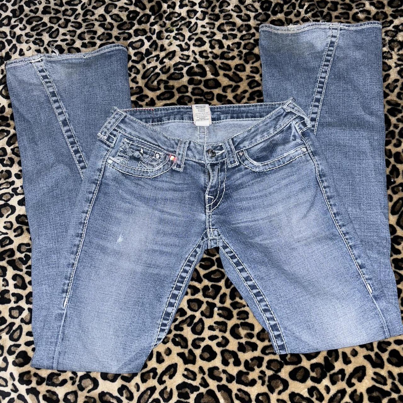 low rise flared true religion jeans w rhinestone... - Depop