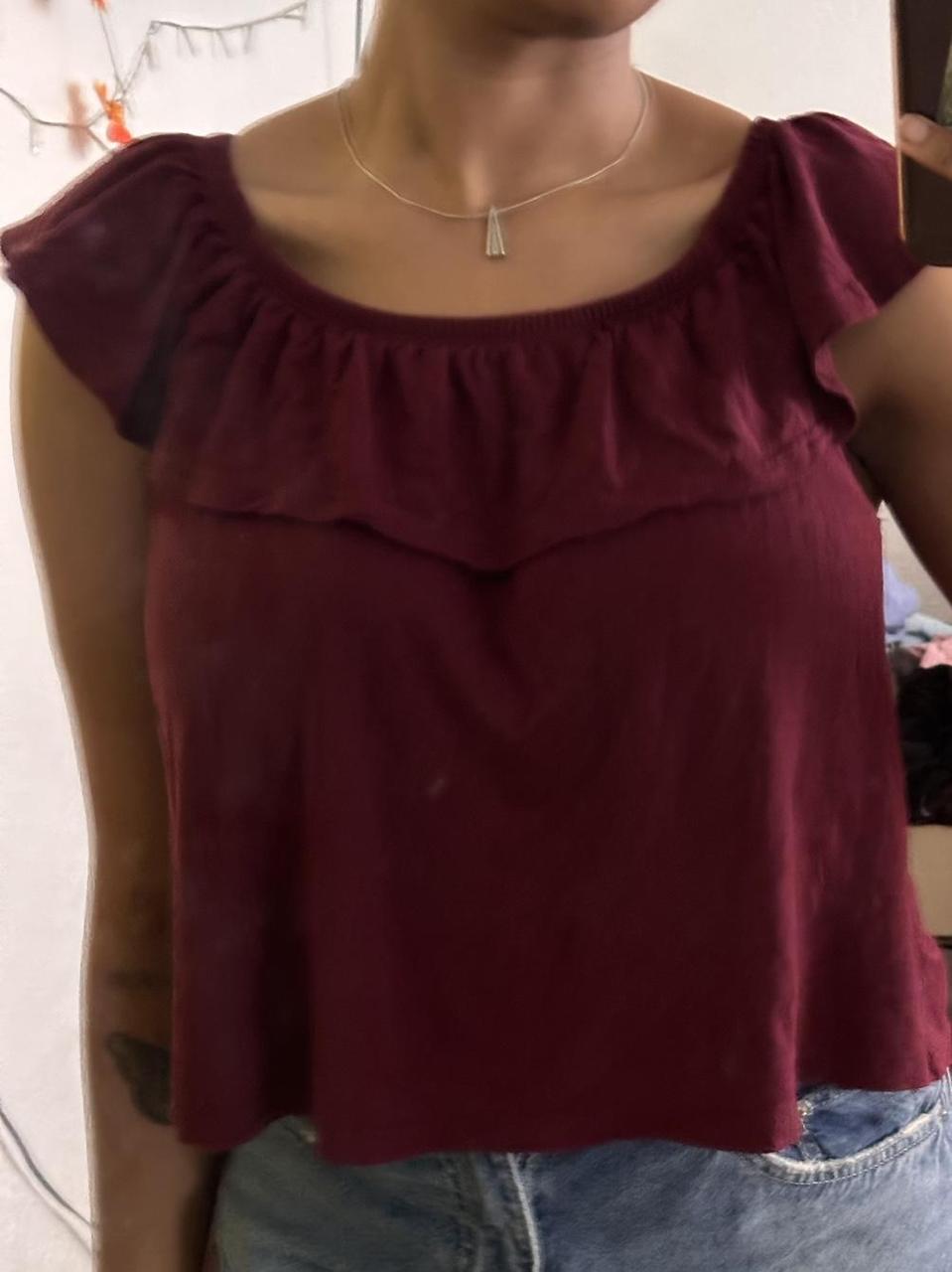 Forever 21 Burgundy Off Shoulder Top With Ruffle Off... - Depop