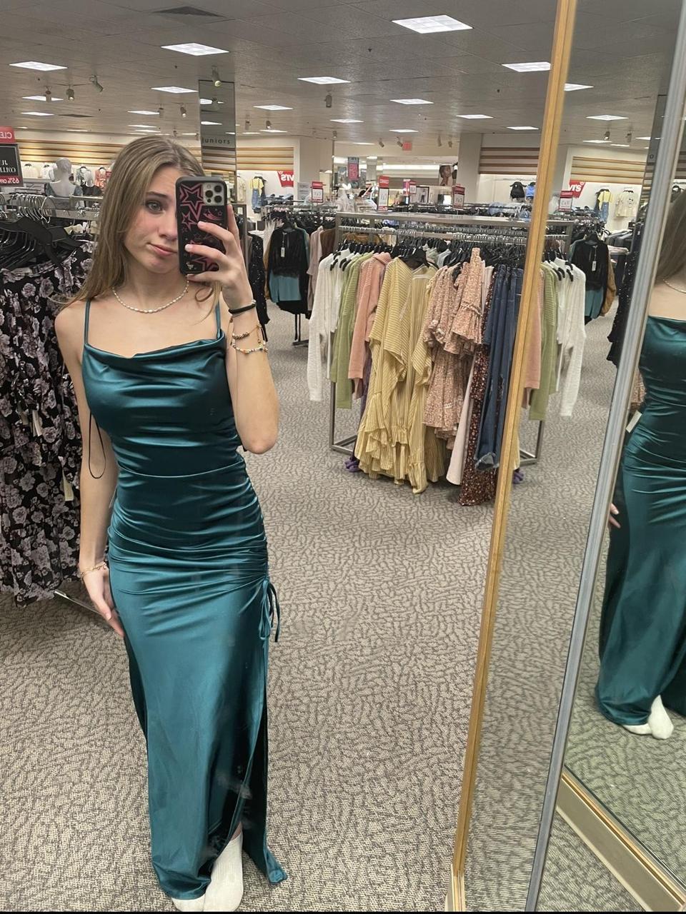emerald green silk maxi dress. worn once for prom.... - Depop