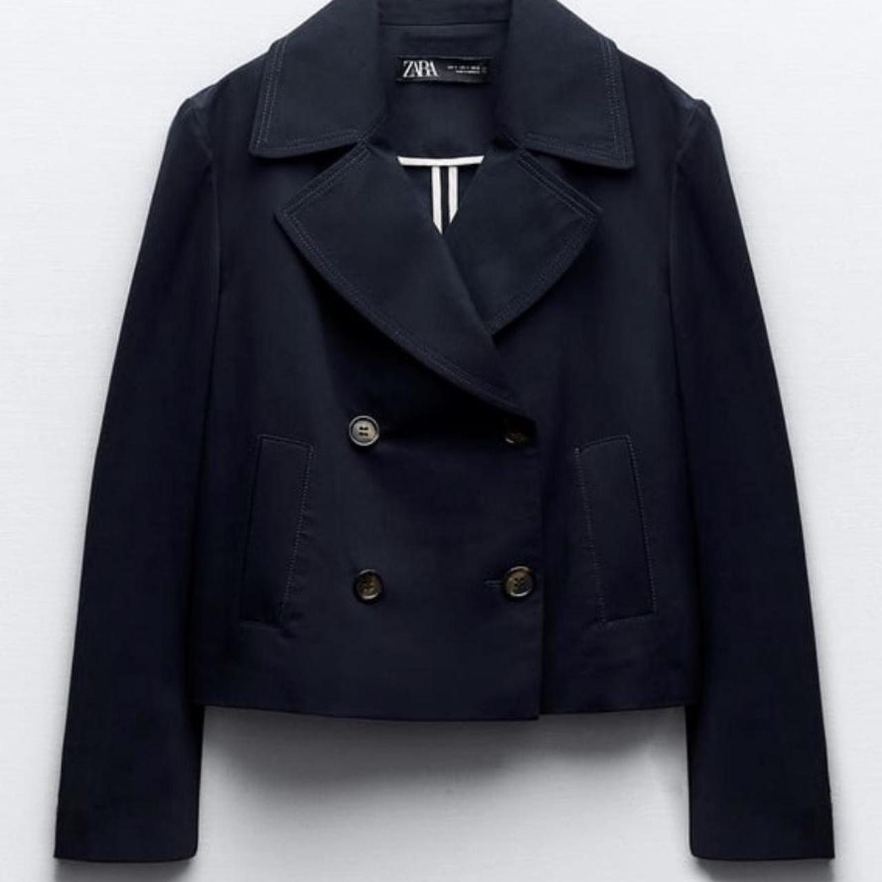 Zara short double breasted trench coat Navy blue... - Depop