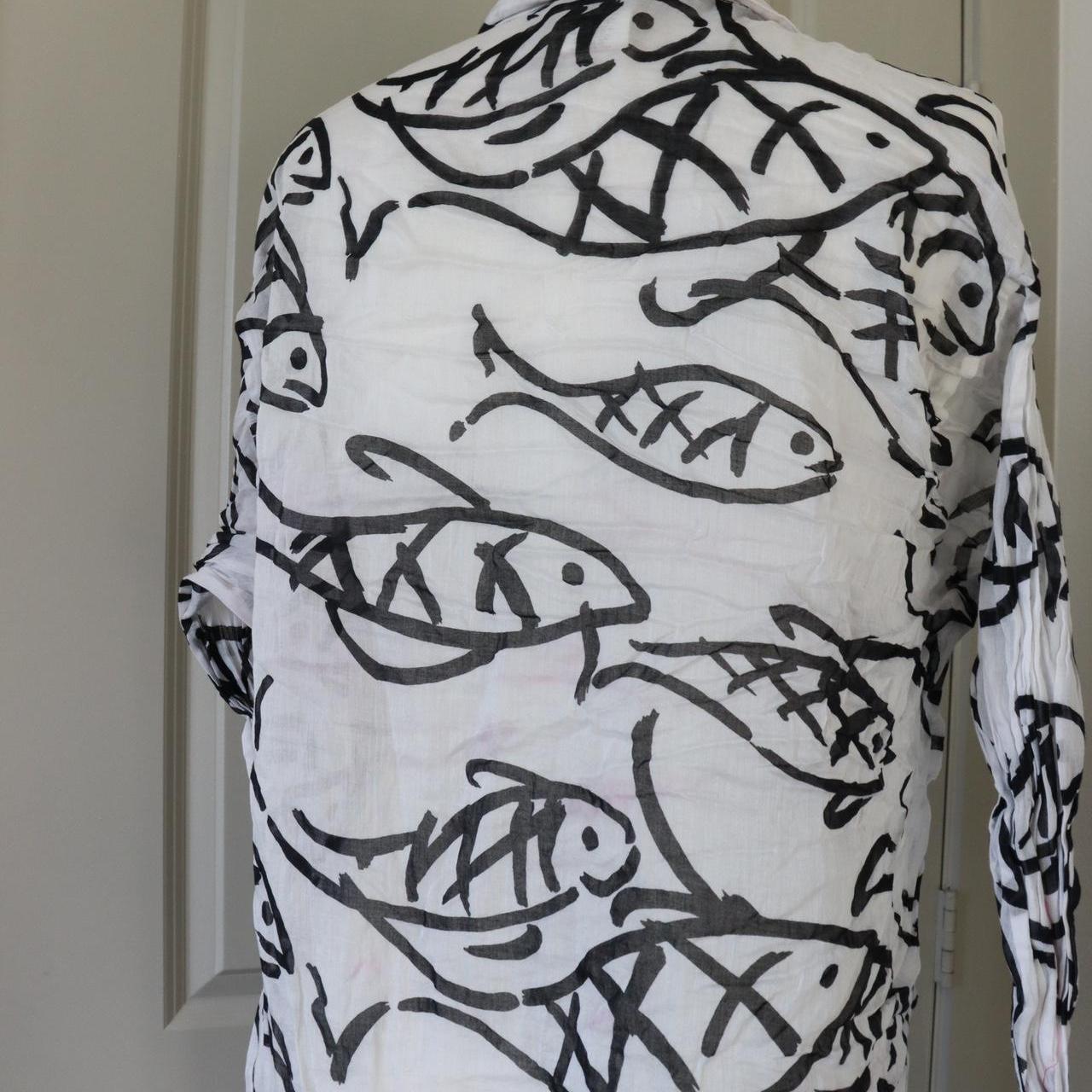 White / black sheer graphic fish button up - by... | Depop