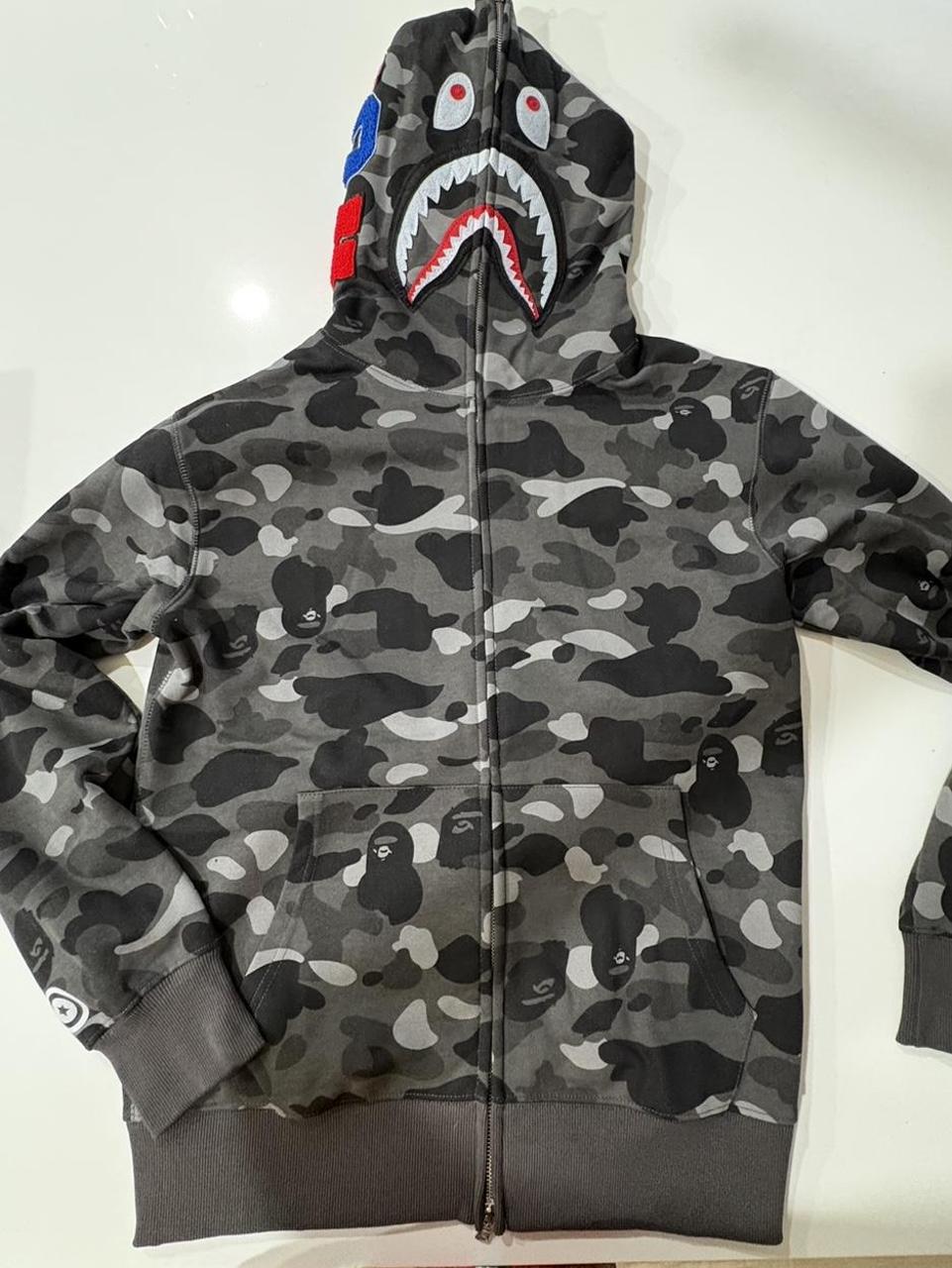 BAPE camo black and grey bape hoodie shark BRAND... - Depop