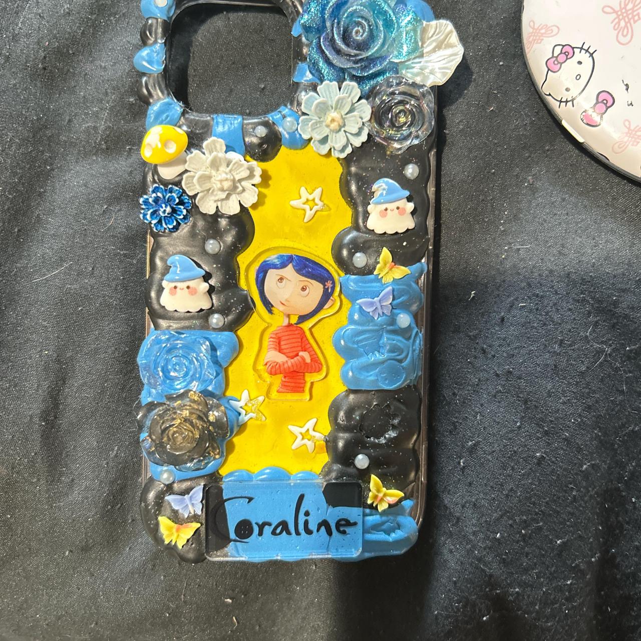 Handmade Coraline phone case with blue and black... | Depop