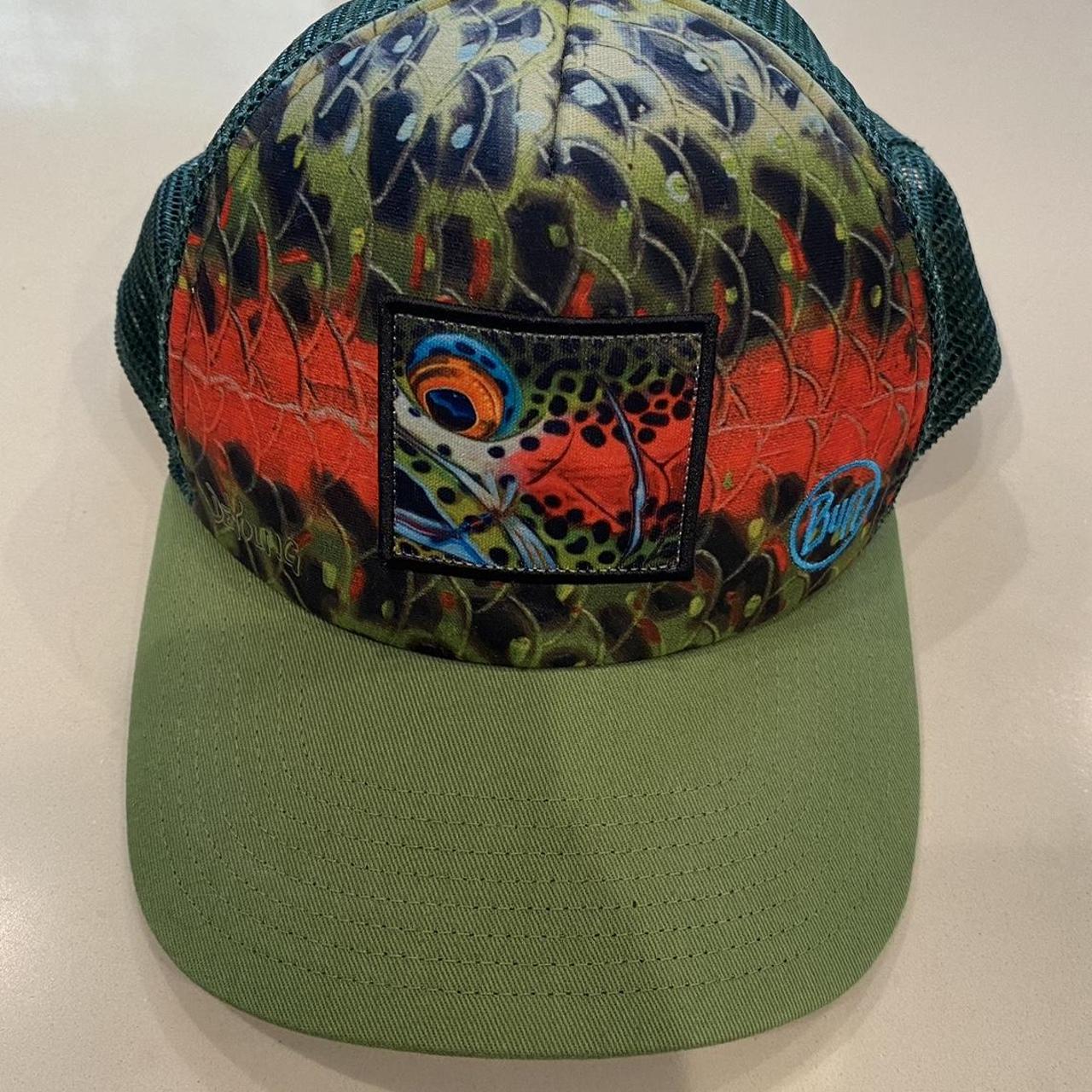 Green and multi-coloured BUFF fish fishing cap... | Depop
