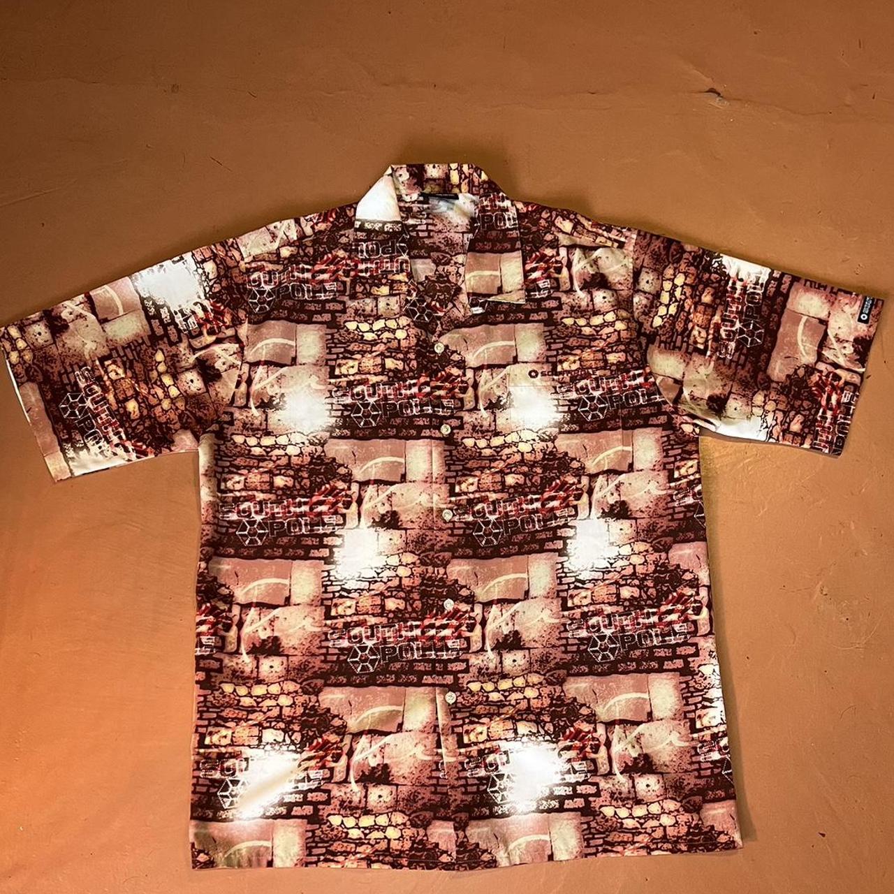 SouthPole Y2K brick graffiti rayon button up shirt... - Depop