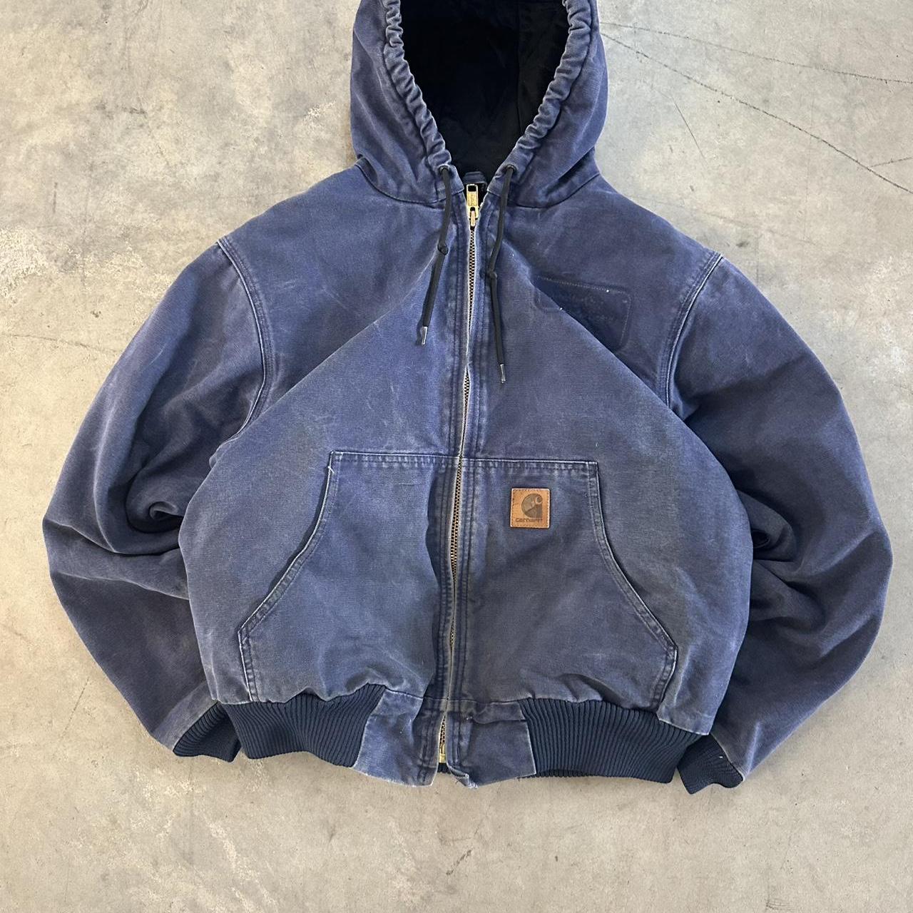 RARE VINTAGE Carhartt j130 hooded zip up jacket blue... | Depop