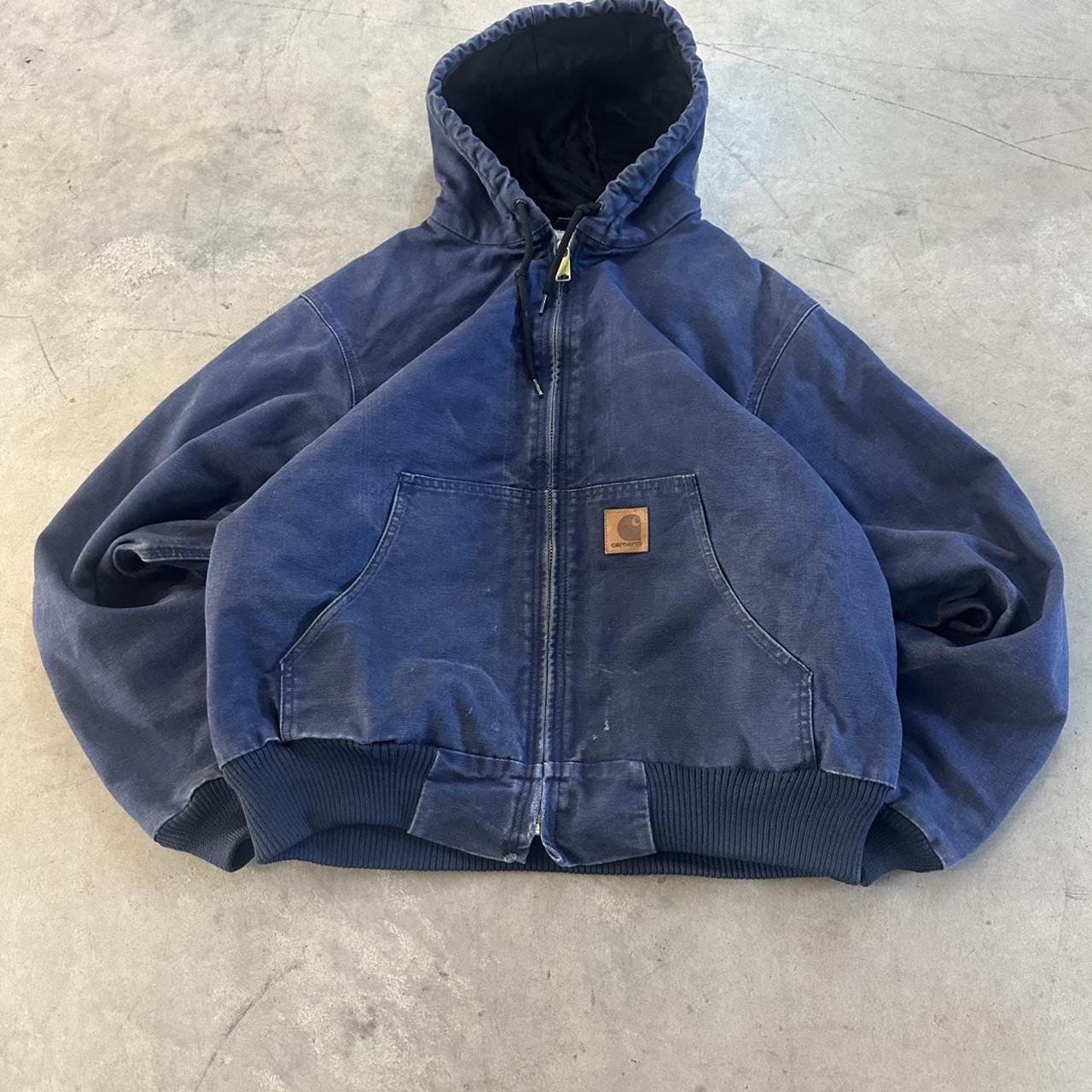 RARE VINTAGE Carhartt j130 hooded zip up jacket blue... | Depop