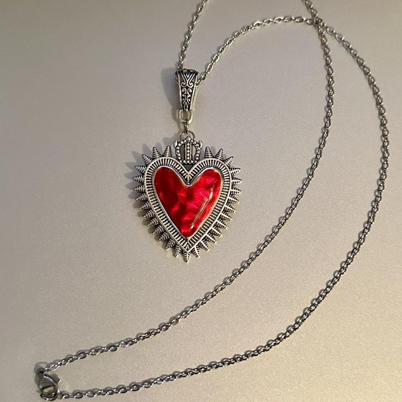 Sacred Heart Necklace Red Heart Silver Necklace... - Depop