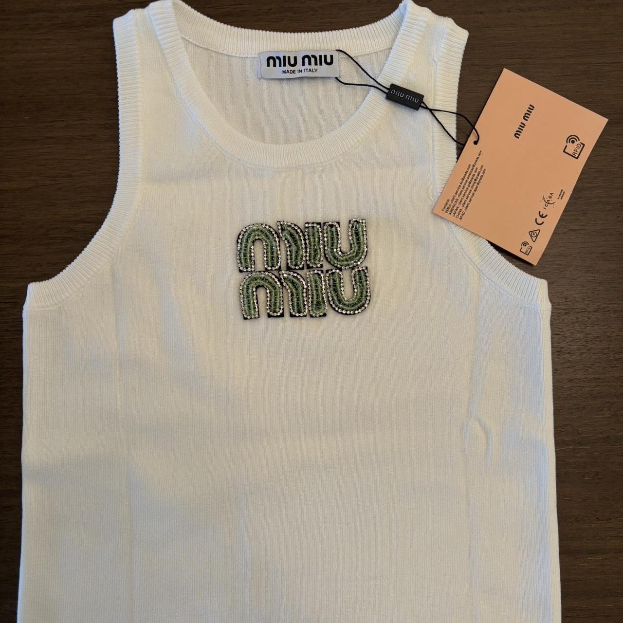 White Miu Miu tank top with green embroidery 💌super... | Depop