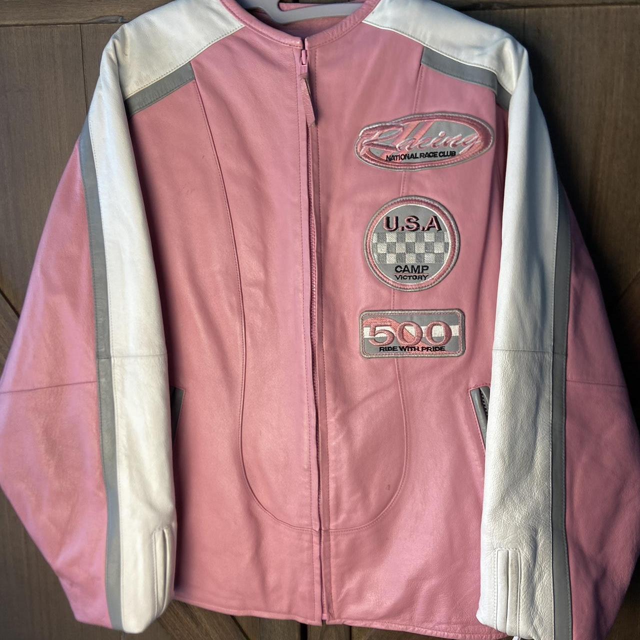 Pink and white racing jacket🚘 Super cute patches on... - Depop