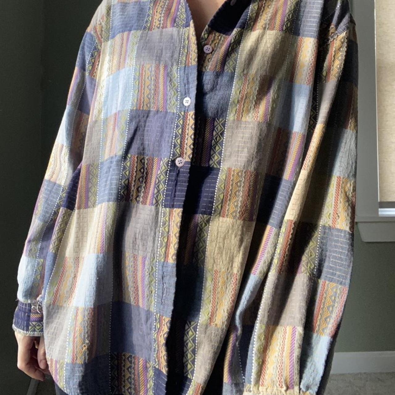 Vintage oversized patchwork button-down shirt,... | Depop