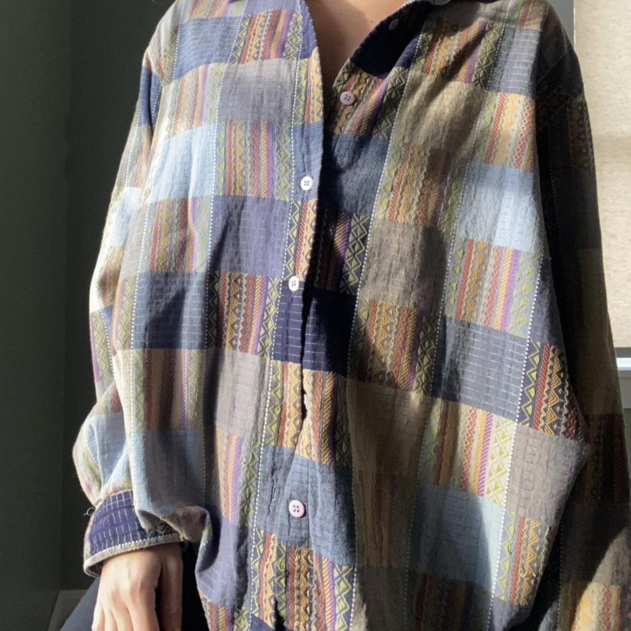 Vintage oversized patchwork button-down shirt,... | Depop