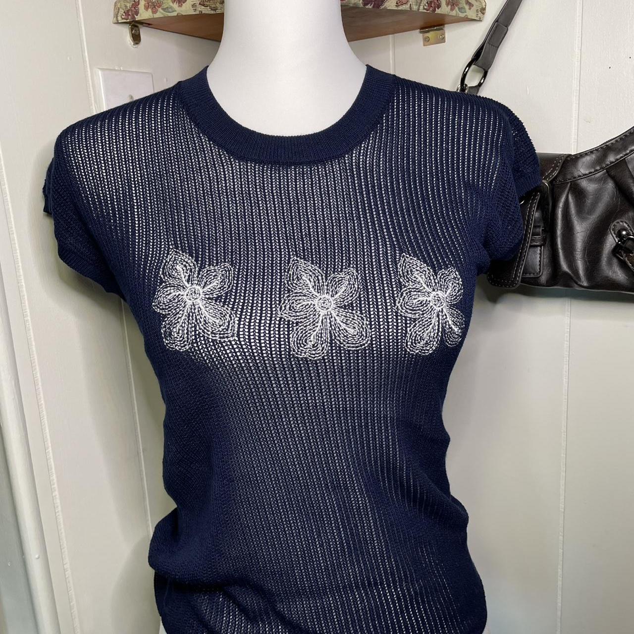 Navy blue sheer mesh floral top with embroidered... | Depop