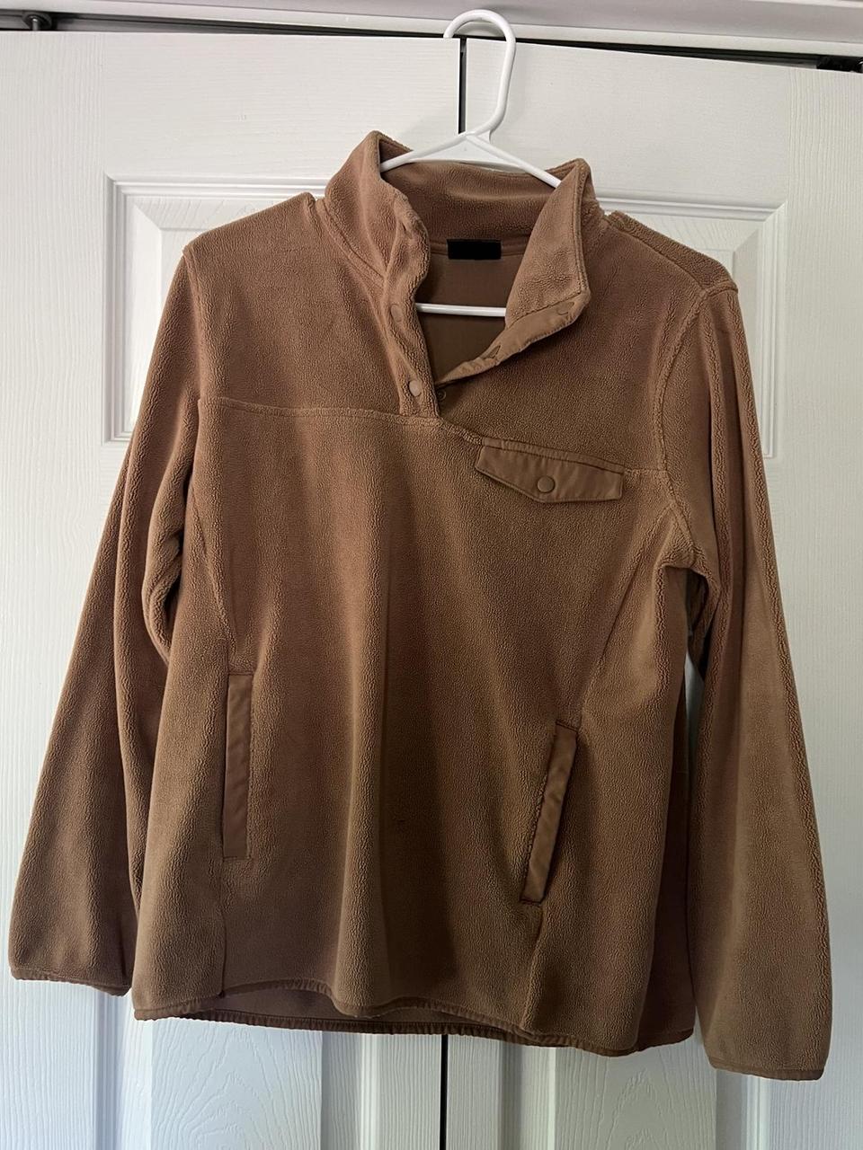 Oversized 3/4 button up brown fleece jacket... - Depop