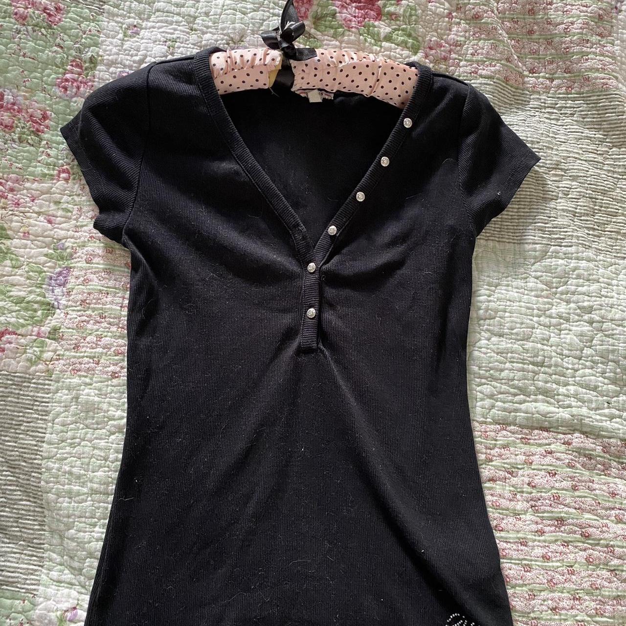 Vintage ‘Guess’ black bedazzled henley tee 💌💌... | Depop
