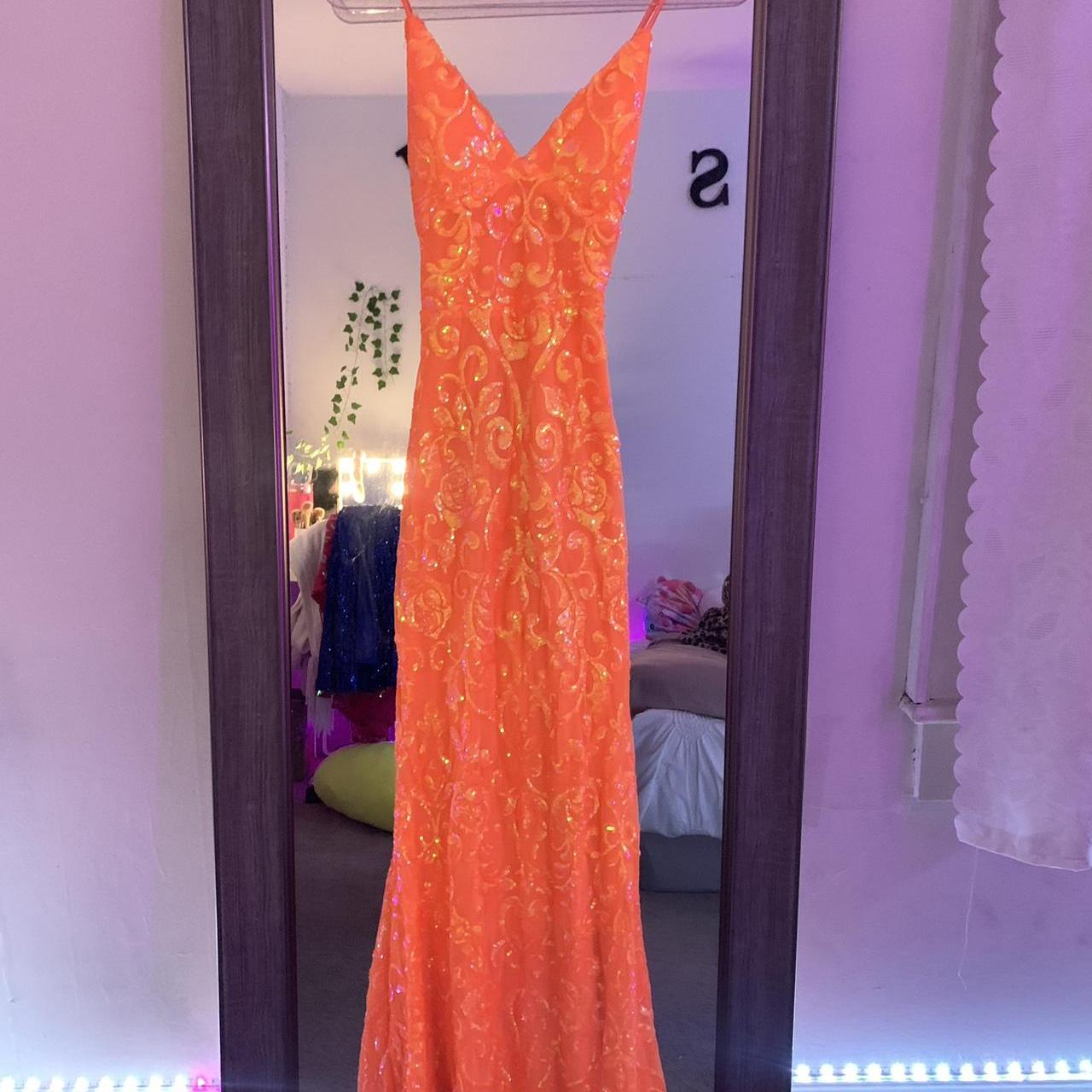 Orange sequined prom dress *altered strap and... | Depop