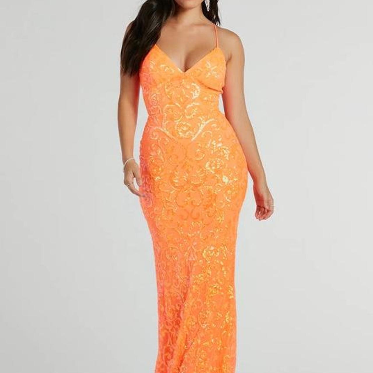 Orange sequined prom dress *altered strap and... | Depop