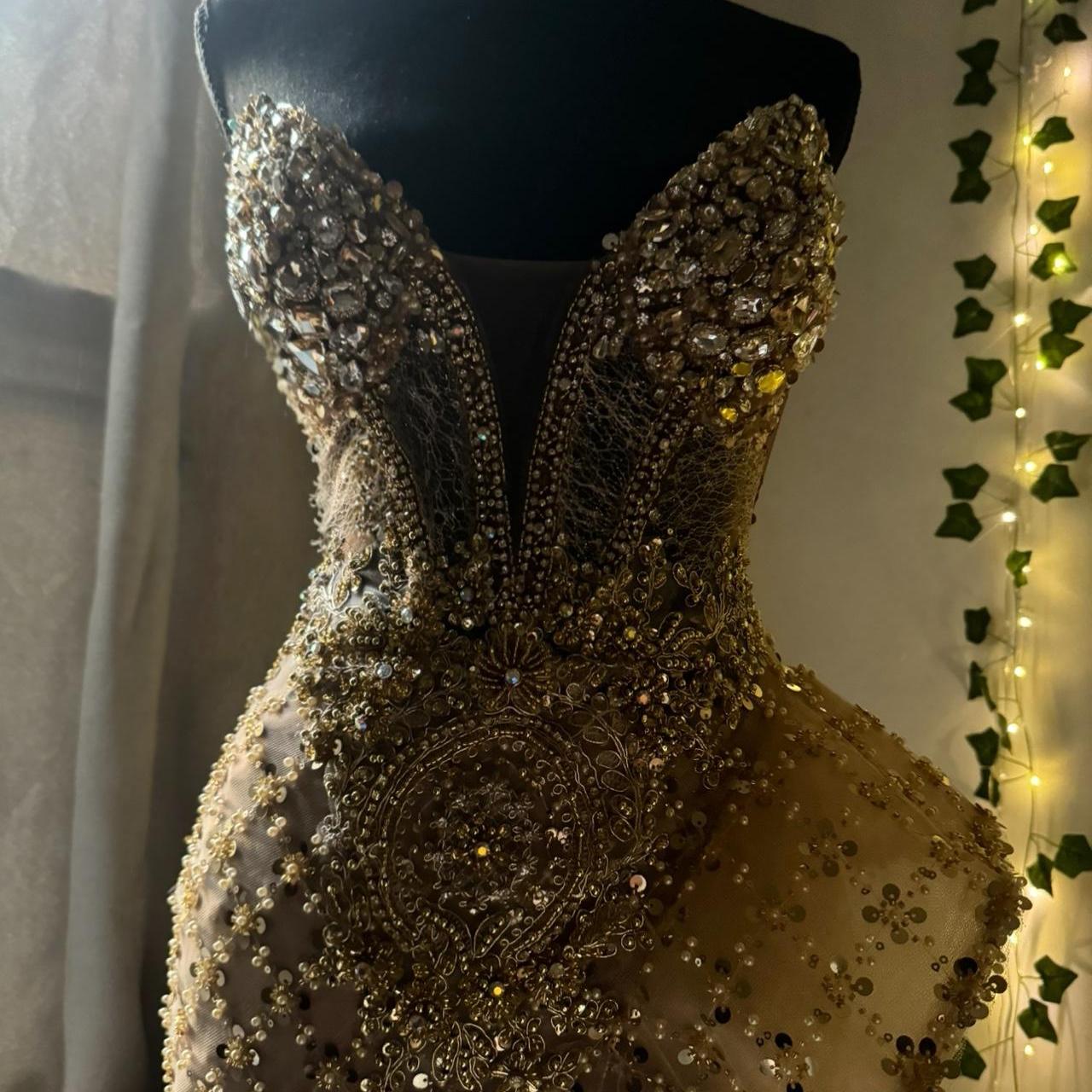 gold rhinestone prom dress used once for my senior... - Depop