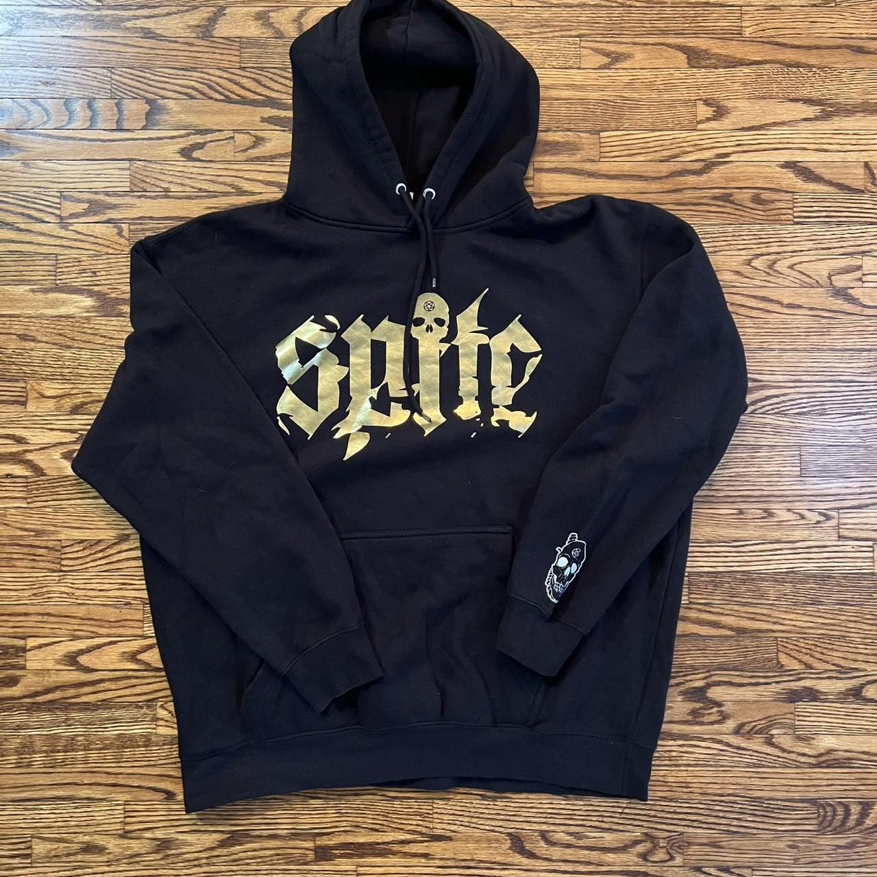 Spite ‘Death Sentence’ gold foil hoodie front,... | Depop