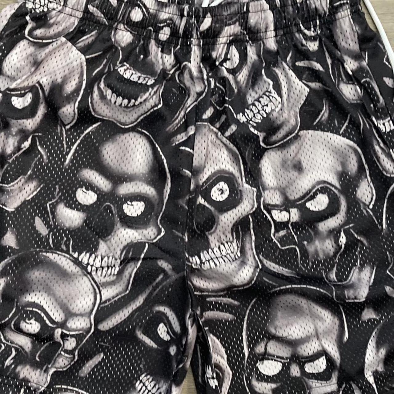 Liquid Blue All Over Print Skull Pile Shorts Medium... - Depop